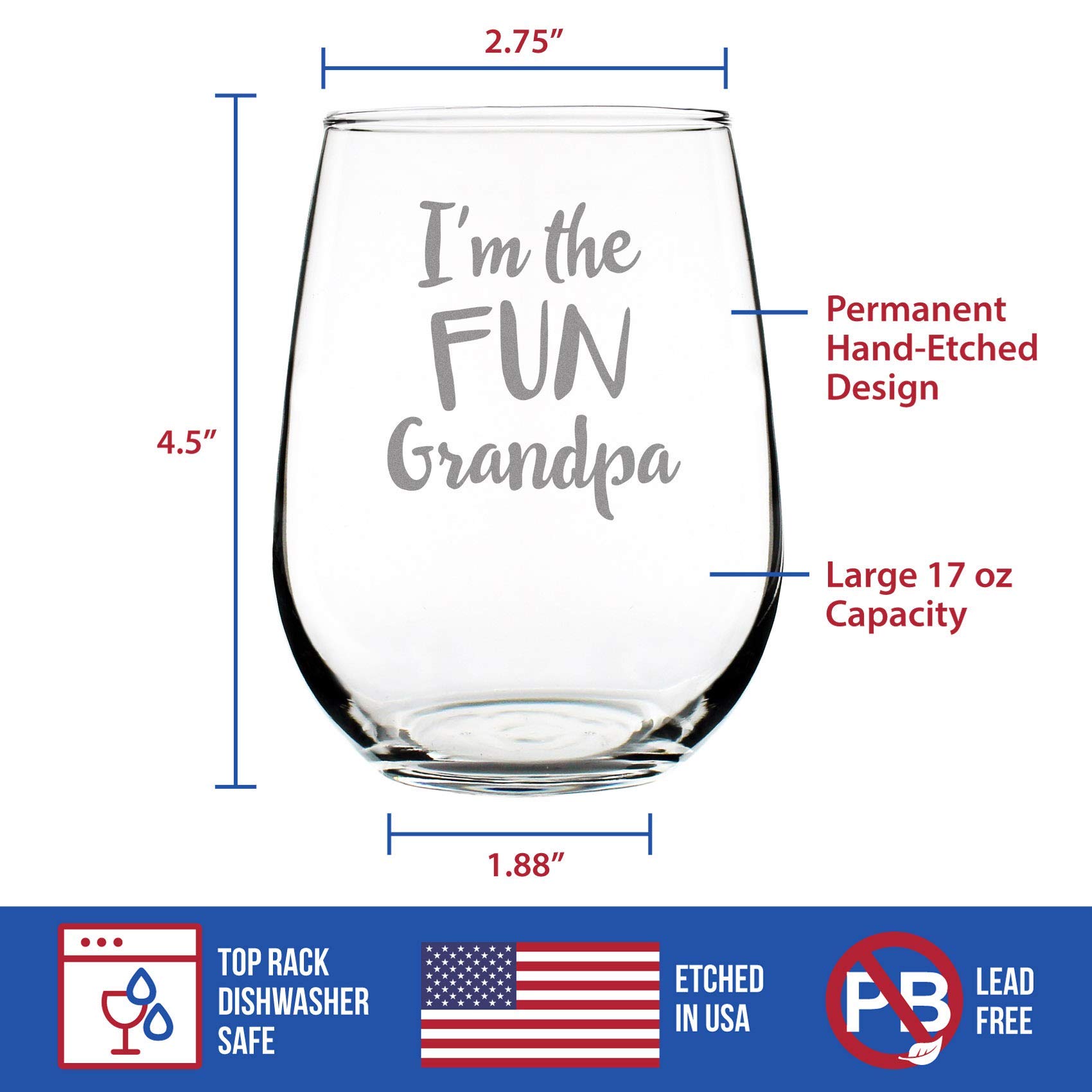 Fun Grandpa - Funny Grandfather Stemless Wine Glass Gift for Dads & Grandparents - Large 17 Oz Glasses