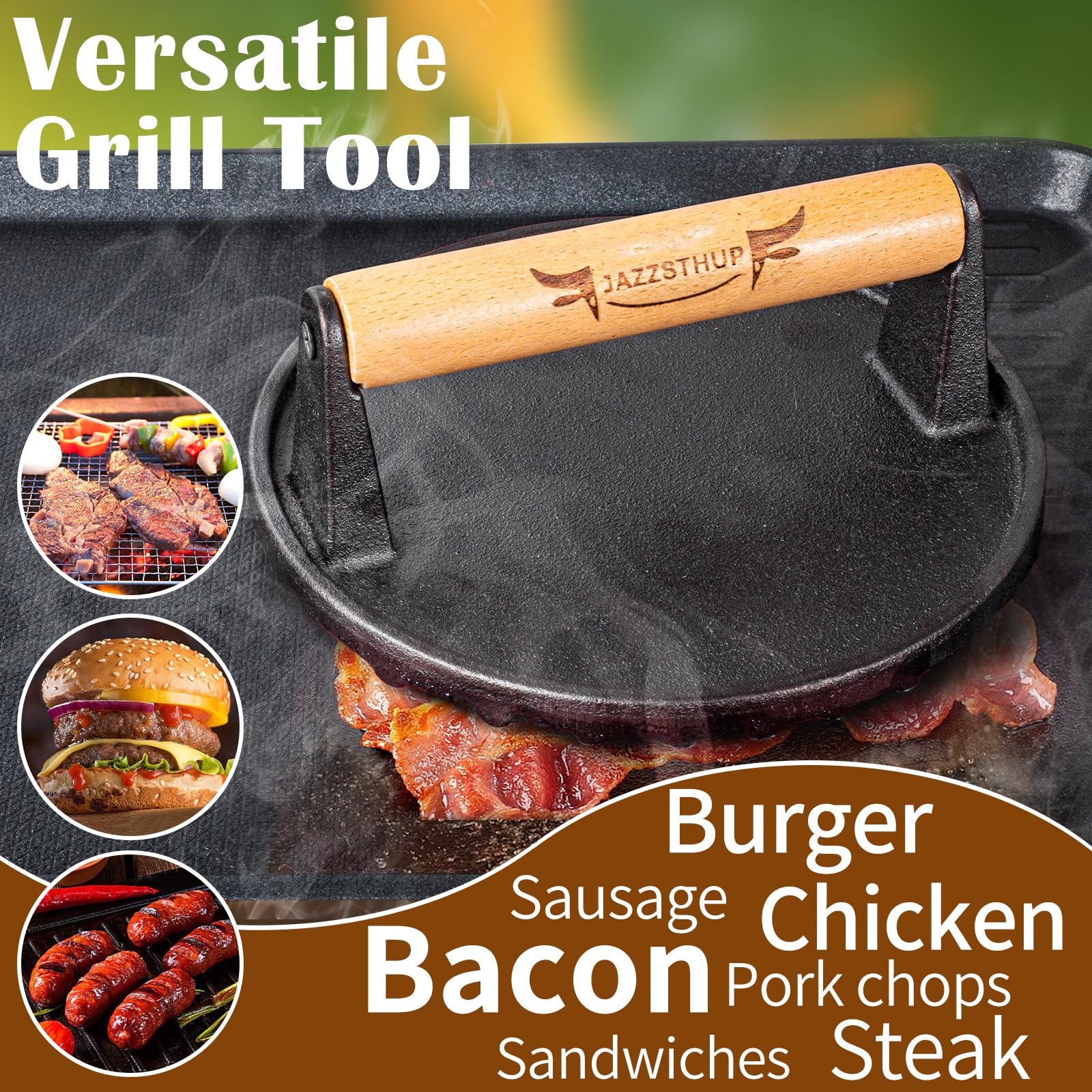 Jazzsthup Smash Burger Press, 6.88" Round Bacon Press with Wood Handle, Perfect Hamburger Press Patty Maker, Food-Grade Cast Iron Burger Smasher for Griddle incl. 20Pcs Patty Paper
