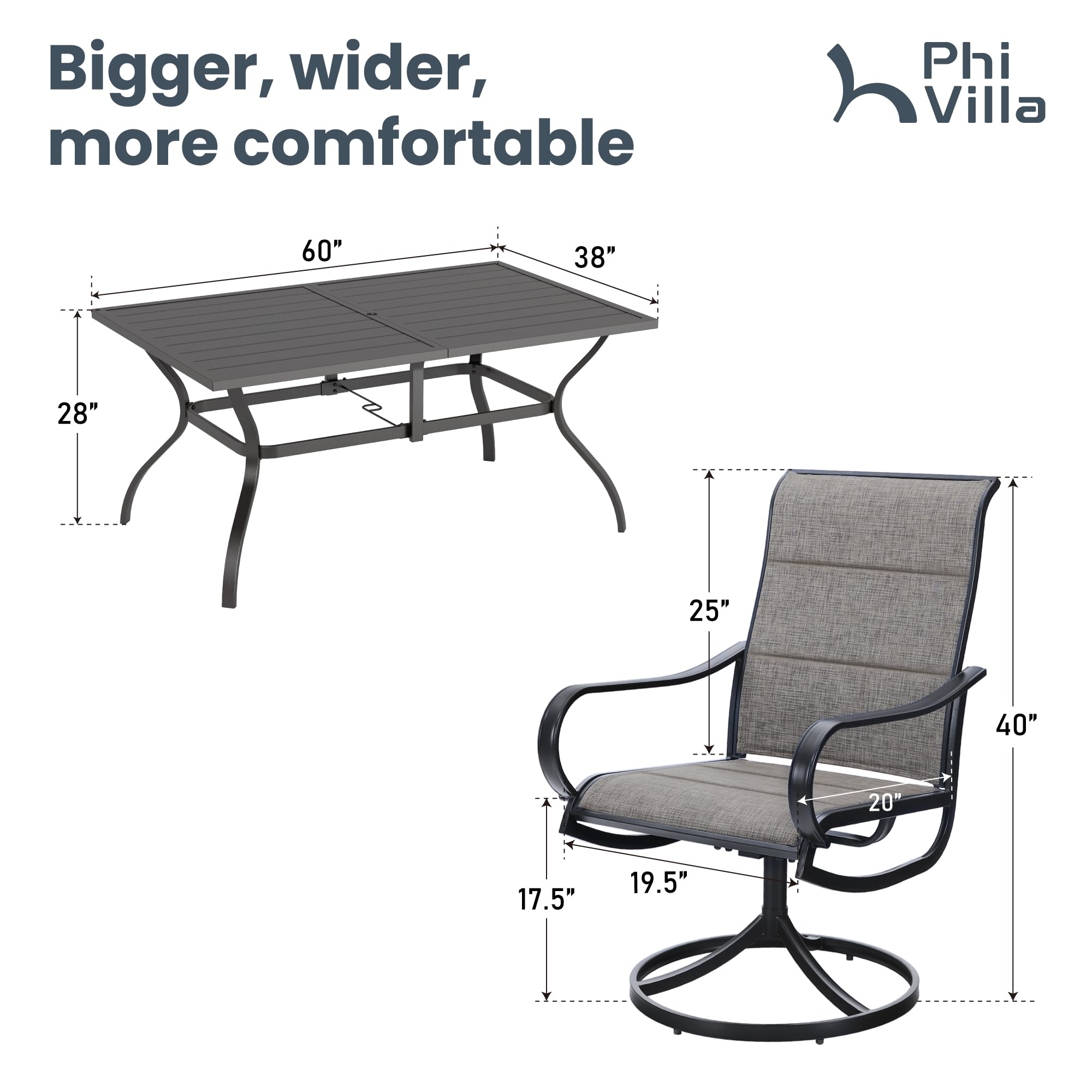 PHI VILLA 7 Piece Patio Dining Set for 6, 1 Large Metal Table and 6 Outdoor Dining Chairs with High Back and Padded Textilene, Outdoor Furniture Set for Garden, Yard