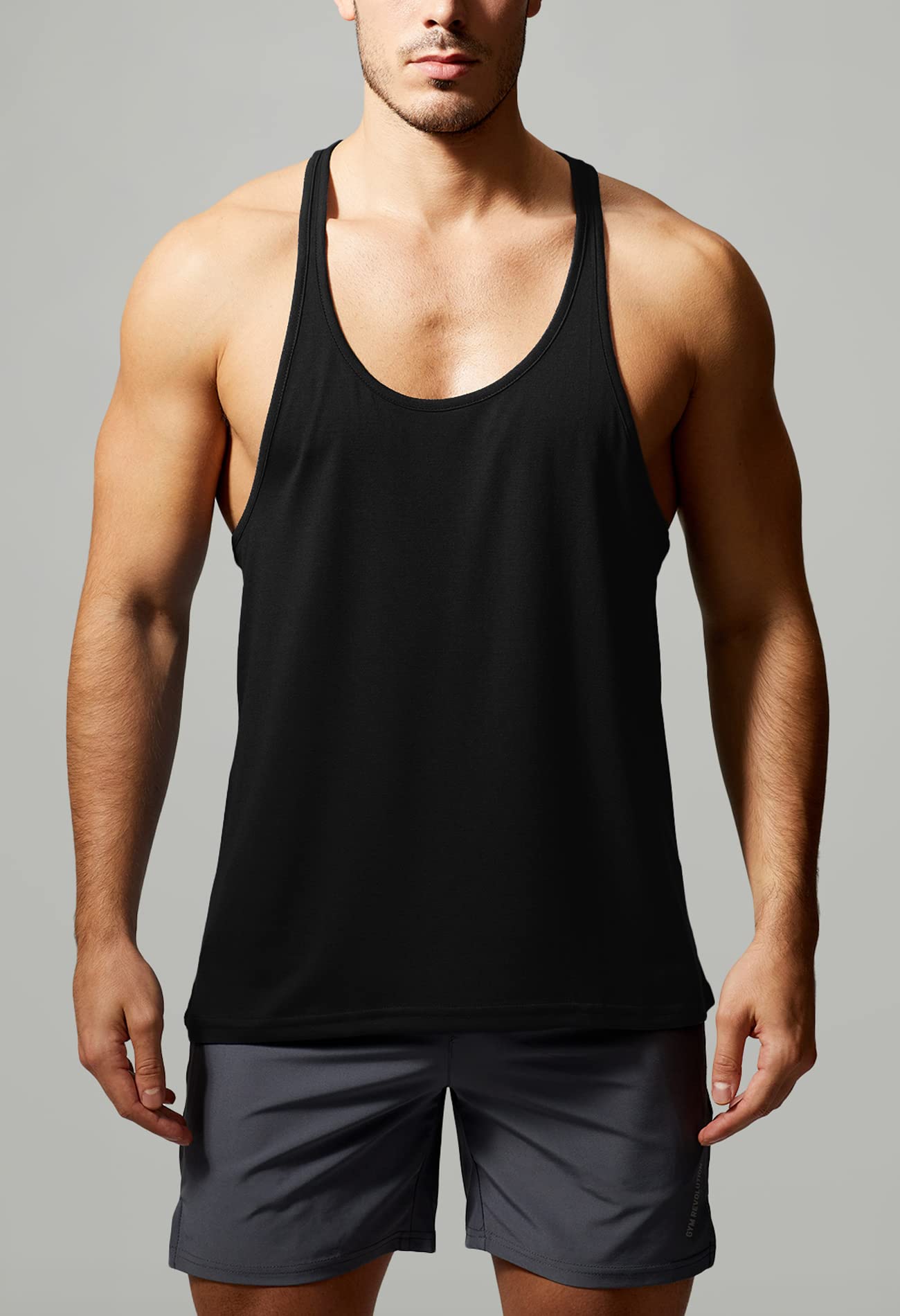 GYM REVOLUTION Men's 5 Pack Athletic Stringer Muscle Y Back Workout Racerback Fitness Tank Tops Black White Blue Green Grey M