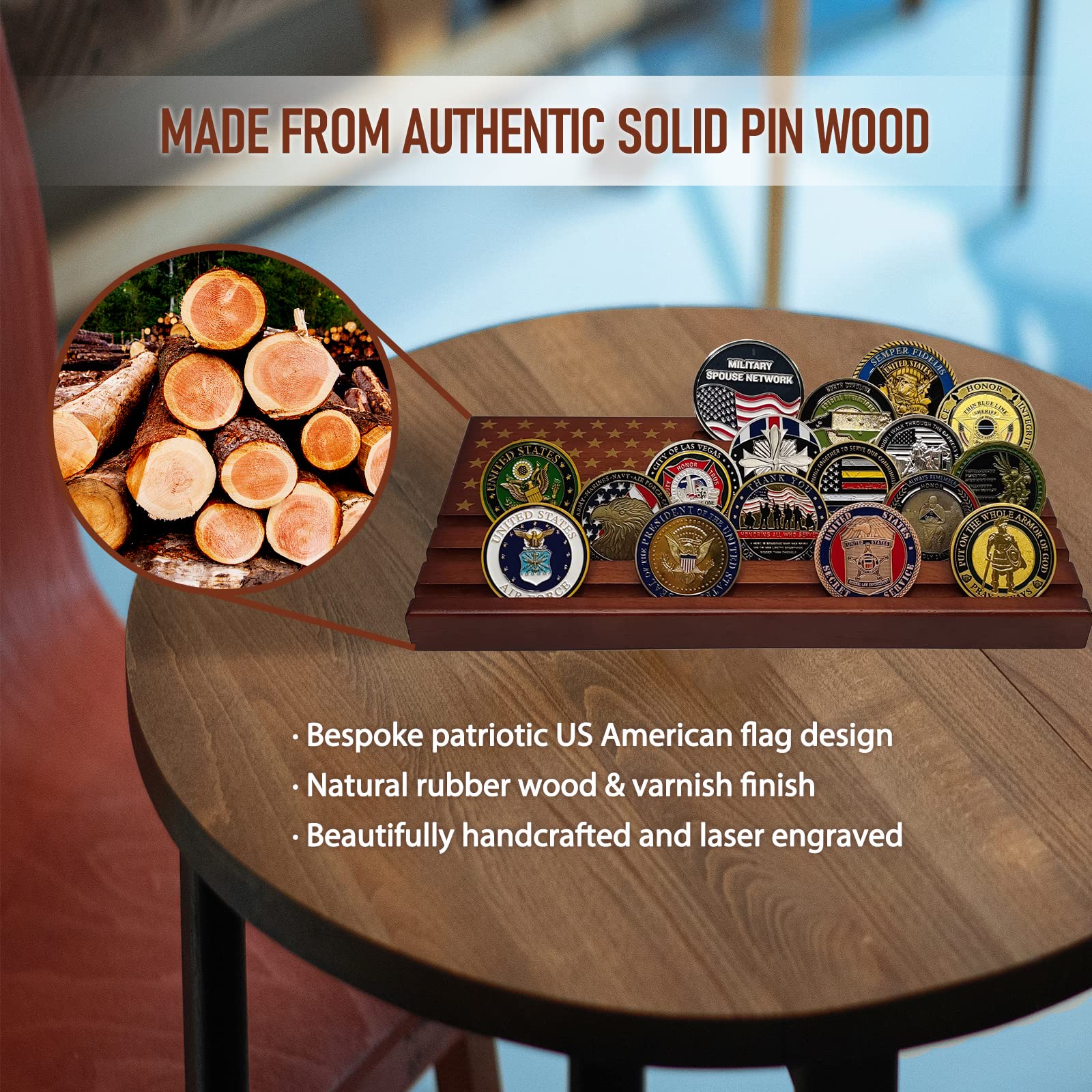 LIUYALO Military Challenge Coins Display Holder,Challenge Coins Stand with American Flag,Army Collectors 6 Rows Military Coin Display Case Rack Solid Wood
