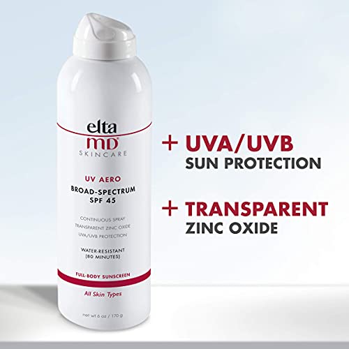 EltaMD UV Aero Full-Body Sunscreen Spray Broad-Spectrum SPF 45, Water-Resistant, Mineral-Based, Non-Greasy, Sheer, Transparent Zinc Oxide Mineral Based Spray Sunscreen 6.0 oz