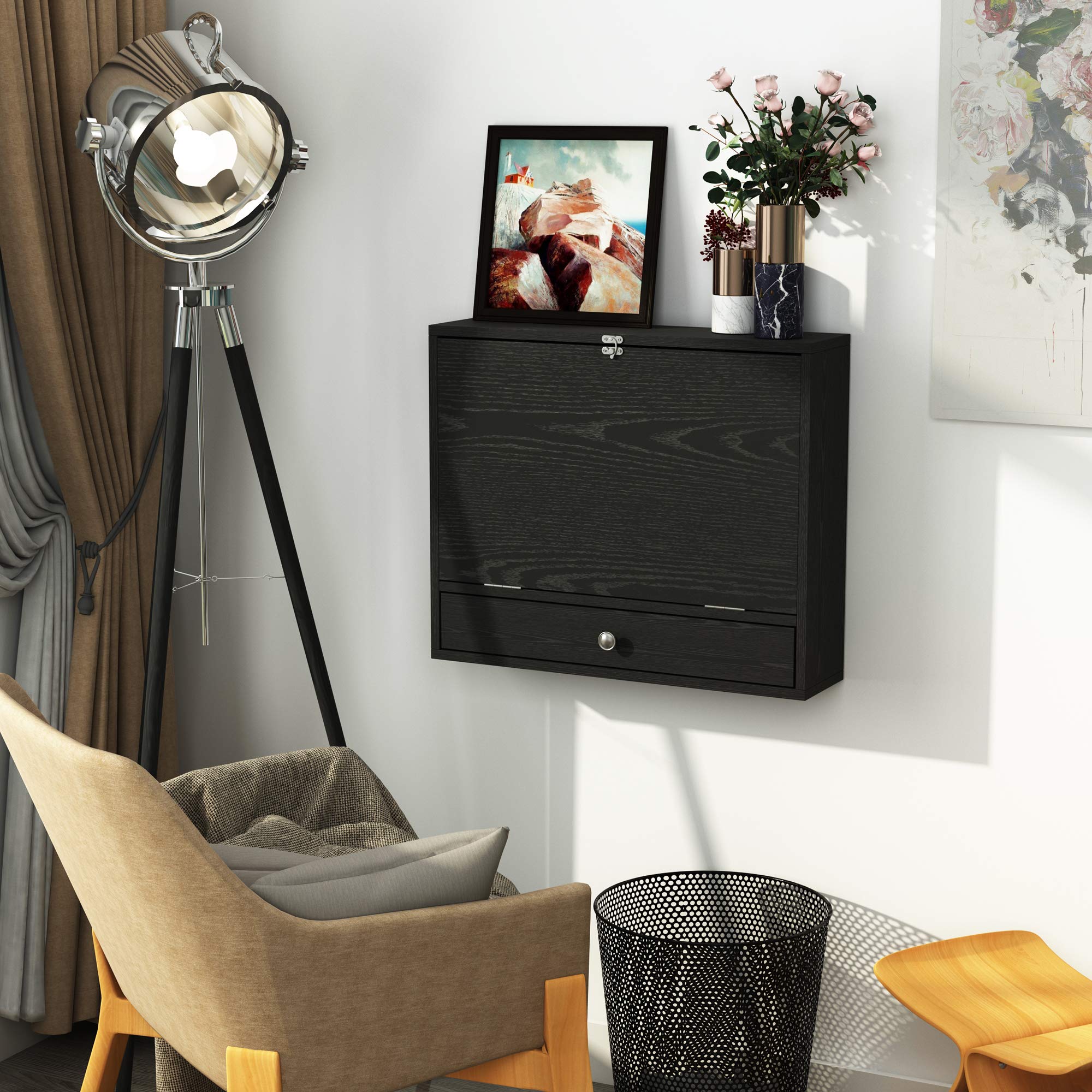 HOMCOM Wall Mounted Desk with Storage Shelves, Floating Desk with Foldable Tabletop, Space Saving Computer Writing Table for Home Office, 23.5 x 6 x 19.75 Inch, Black