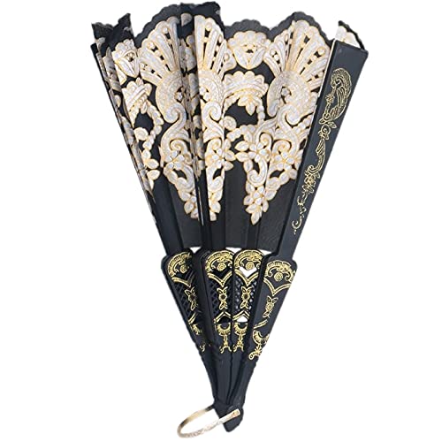 HACIEN Ornaments Black Spanish Style Dance Party Wedding Lace Silk Folding Hand Held Flower Fan Portable Folding Fan