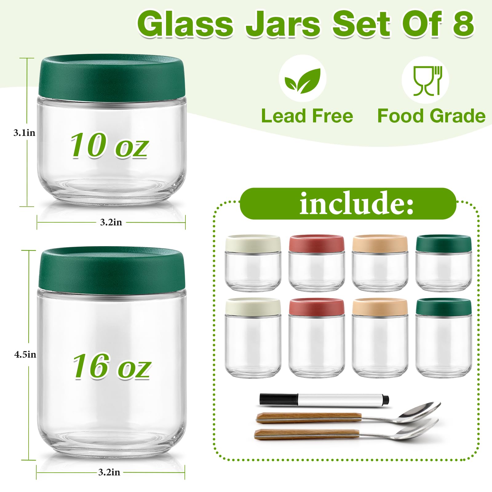 Qipecedm 8 Pack Overnight Oats Containers with Lids, Large & Small Glass Mason Jars 16oz & 10 oz, Breakfast Oatmeal Container to Go, Salad Meal Prep Jars for Food Storage, Mush Chia Seed Pudding Jars