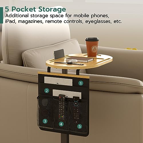 Yumkfoi Couch Side Table with Adjustable Heights, Bamboo Sofa Tray Table with Storage Pocket, Liftable Couch Arm Tray Table C Table End Table TV Tray Snack Table for Living Room, Bedroom