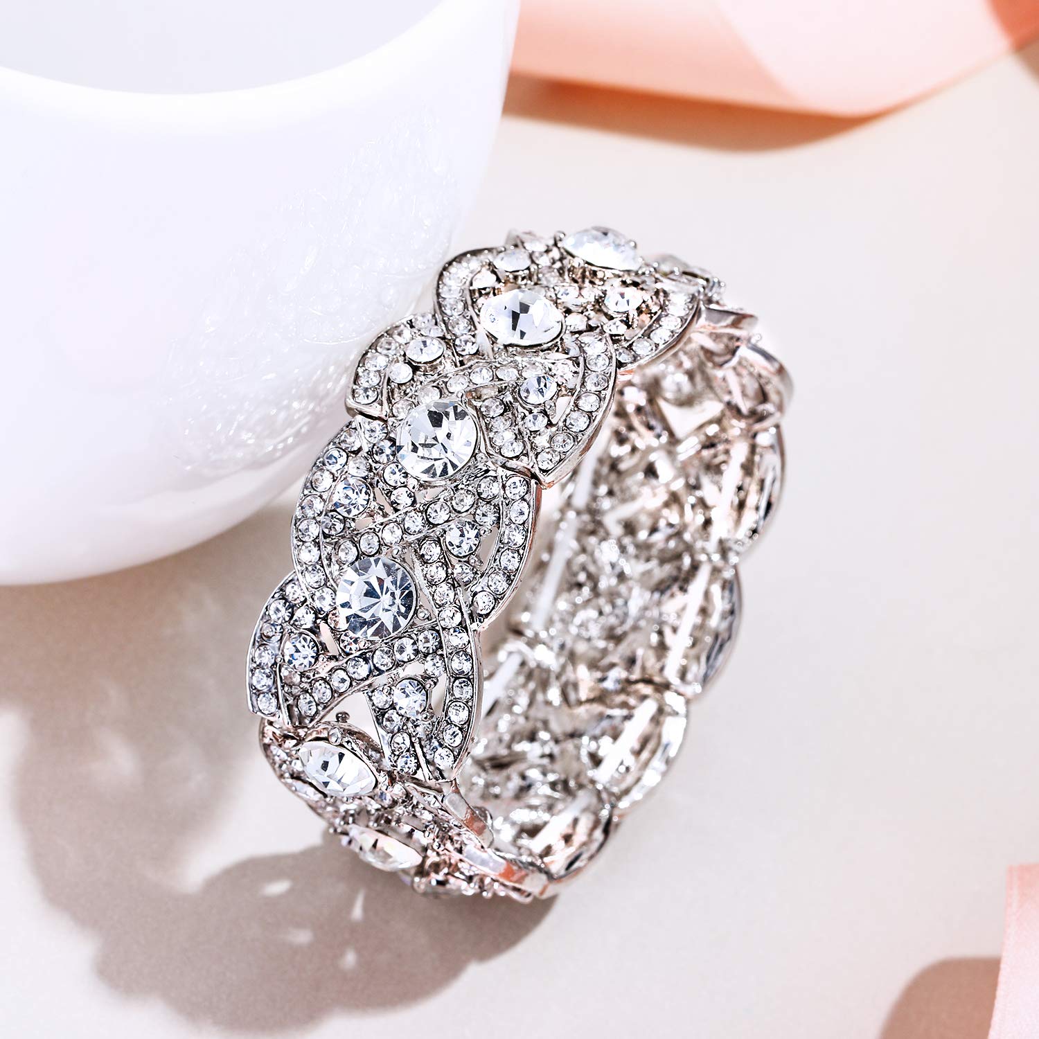EVER FAITH Austrian Crystal Costume Jewelry Art Deco Elastic Stretch Bracelet Clear Silver-Tone