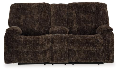 Signature Design by Ashley Soundwave Contemporary Manual Reclining Loveseat with Console and Cup Holders, Dark Brown