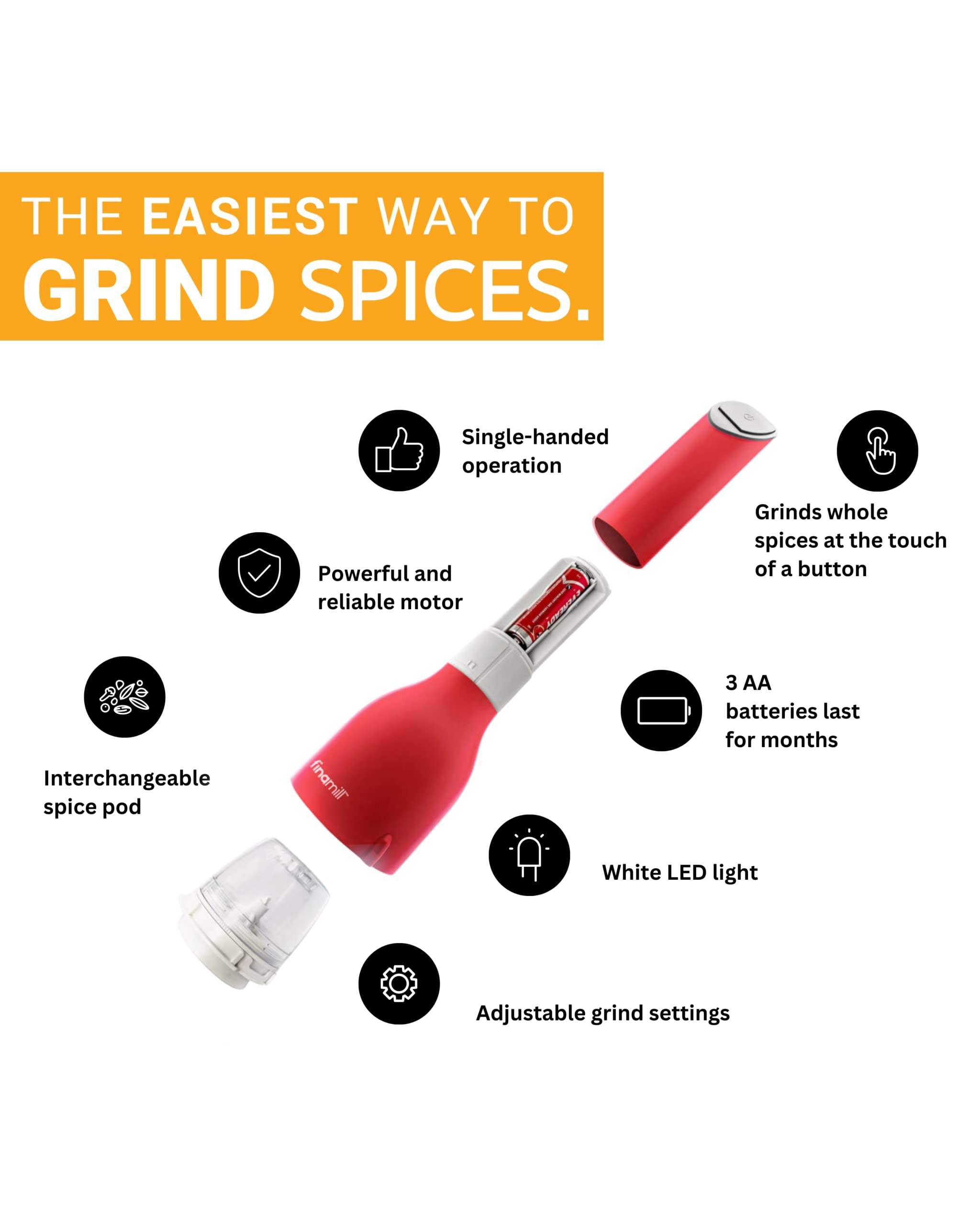 Finamill’s Spice Grinder Salt & Pepper Deluxe Gift Set - Includes One Battery-Operated Finamill, Two Finapod PRO Plus Grinding Pods, Two Packets of Salt and Peppercorn Finaspice (Stone)