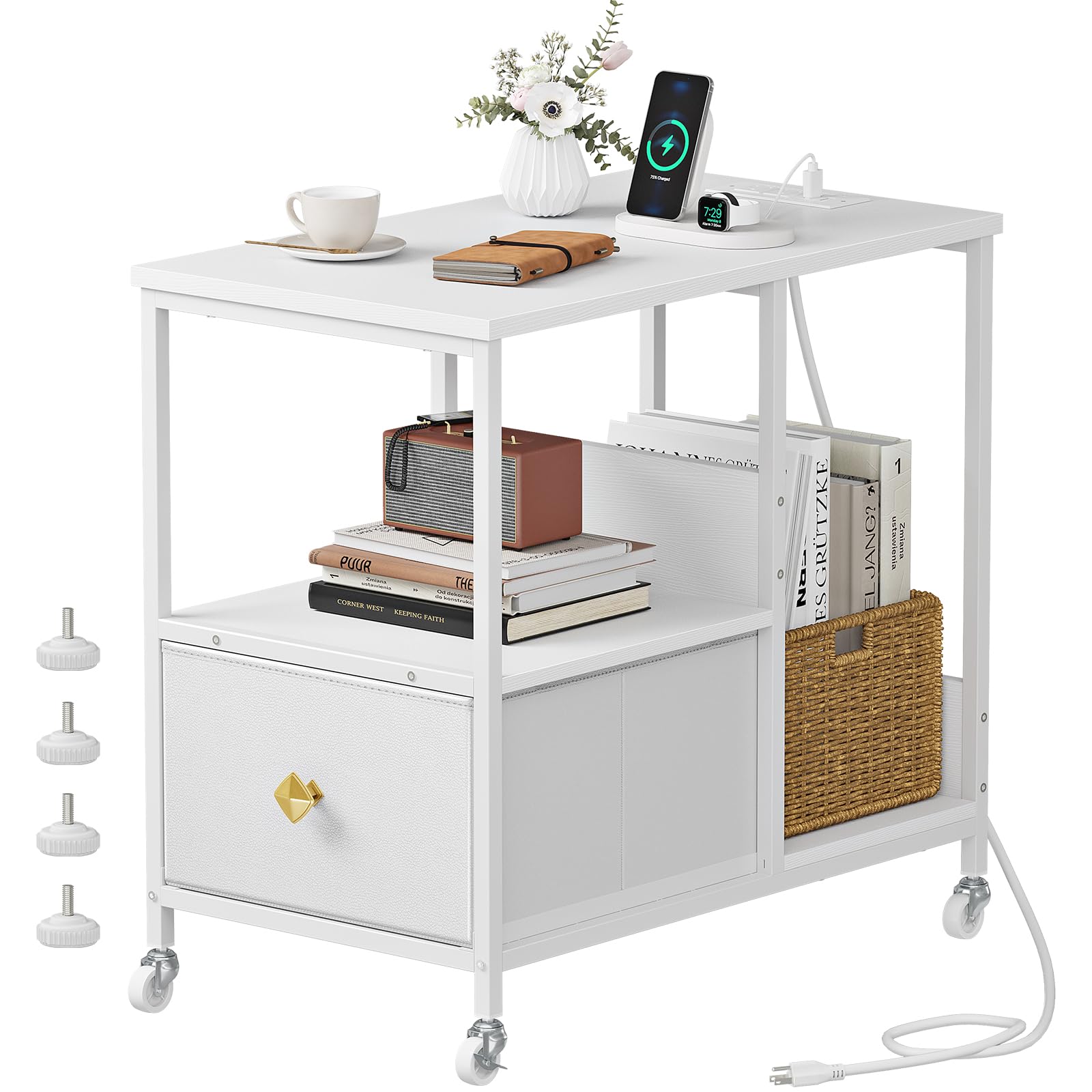 REAHOME End Table with Charging Station, Side Tables with Wheels, Nightstand with Storage Shelves for Small Space, Bedside Table for Bedroom-White