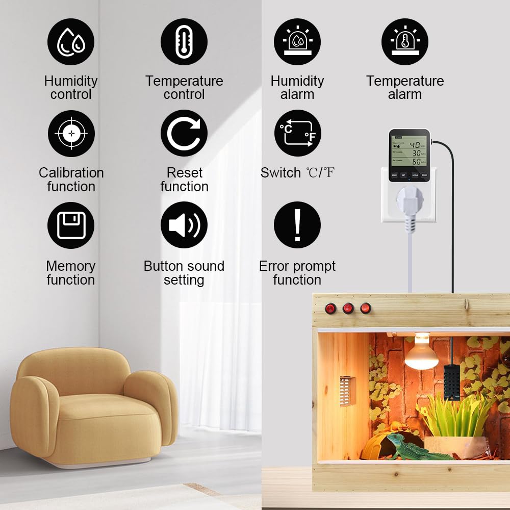 KETOTEK Humidity Controller Outlet Plug with Sensor, Digital Humidistat Switch 120V with Alarm for Greenhouse Mushroom Humidifier Dehumidifier