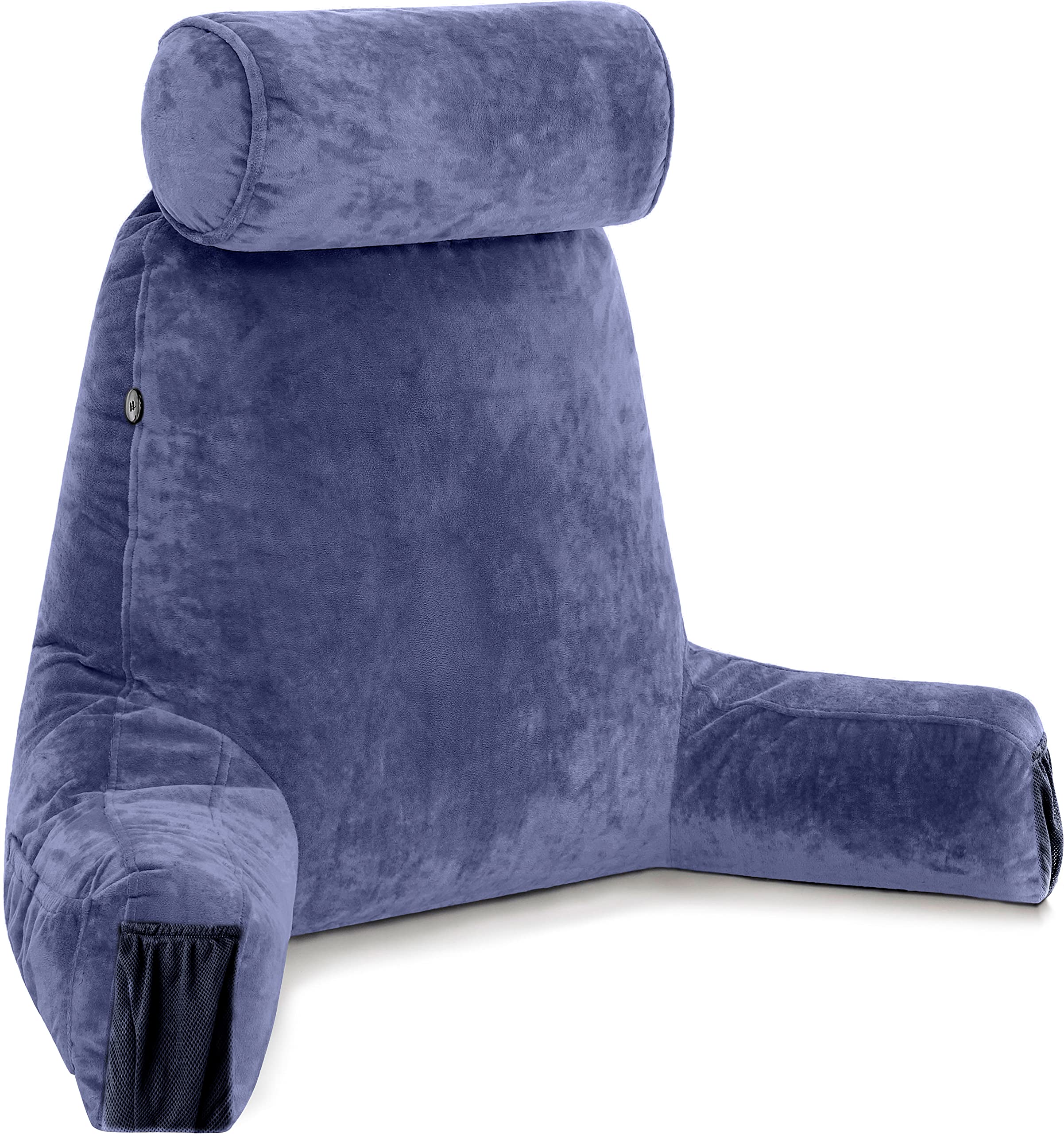 Husband Pillow Combo - Backrest Pillow with Arms : Medium Dark Blue & Foldable Laptop Tray : Brown - Memory Foam Reading Pillows for Bed w/Removable Neck Roll & Laptop Bed Tray Table