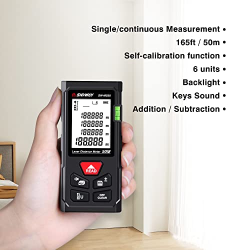 Laser Measurement Tool 165Ft, Digital Laser Distance Meter Bubble Levels, Handheld Laser Tape Measure 50M, High Accuracy Digital Tape Measure Backlit LCD, IP54, Area, Volume, Pythagoras