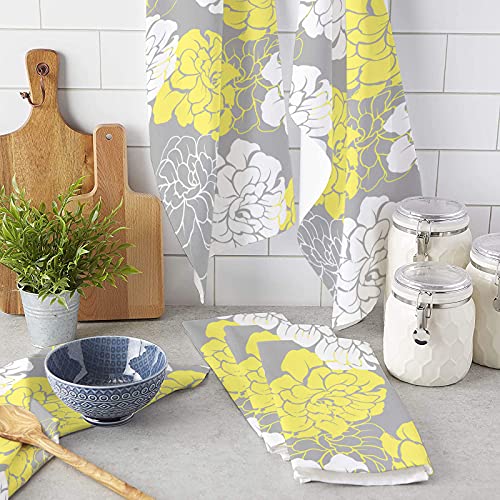 Yun Nist Kitchen Dish Towels,Yellow White Flower Lines Soft Microfiber Dish Cloths Reusable Hand Towels,Watercolor Floral Seamless Grey Washable Tea Towel for Dishes Counters 1 Pack