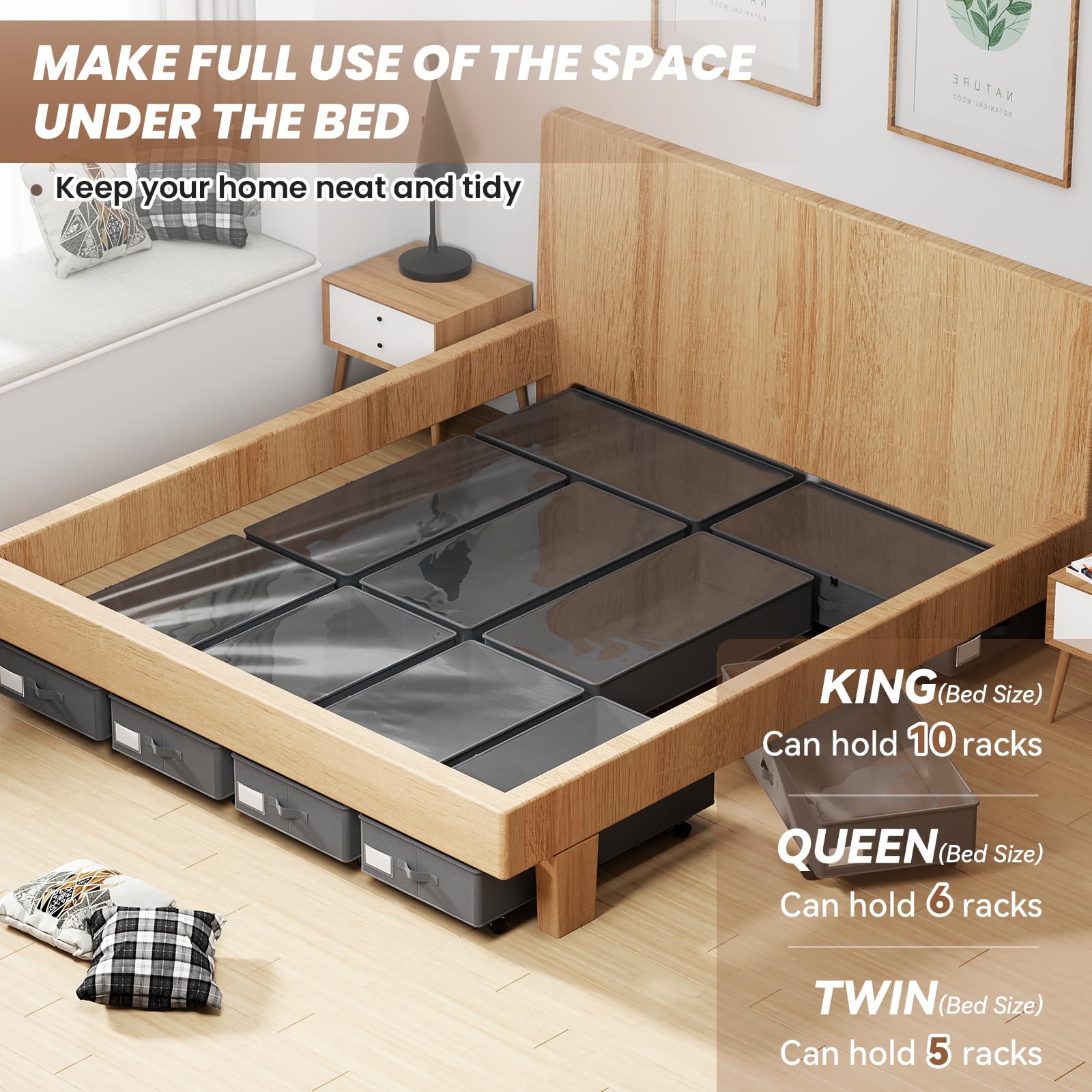 PHINOX Under Bed Storage Containers with Wheels, Under Bed Shoe Storage Bins Organizer with Clear Window Reinforced Handles, Large Underbed Storage Drawer for Clothes, Blankets, Sheet, Bedroom-2 Pack