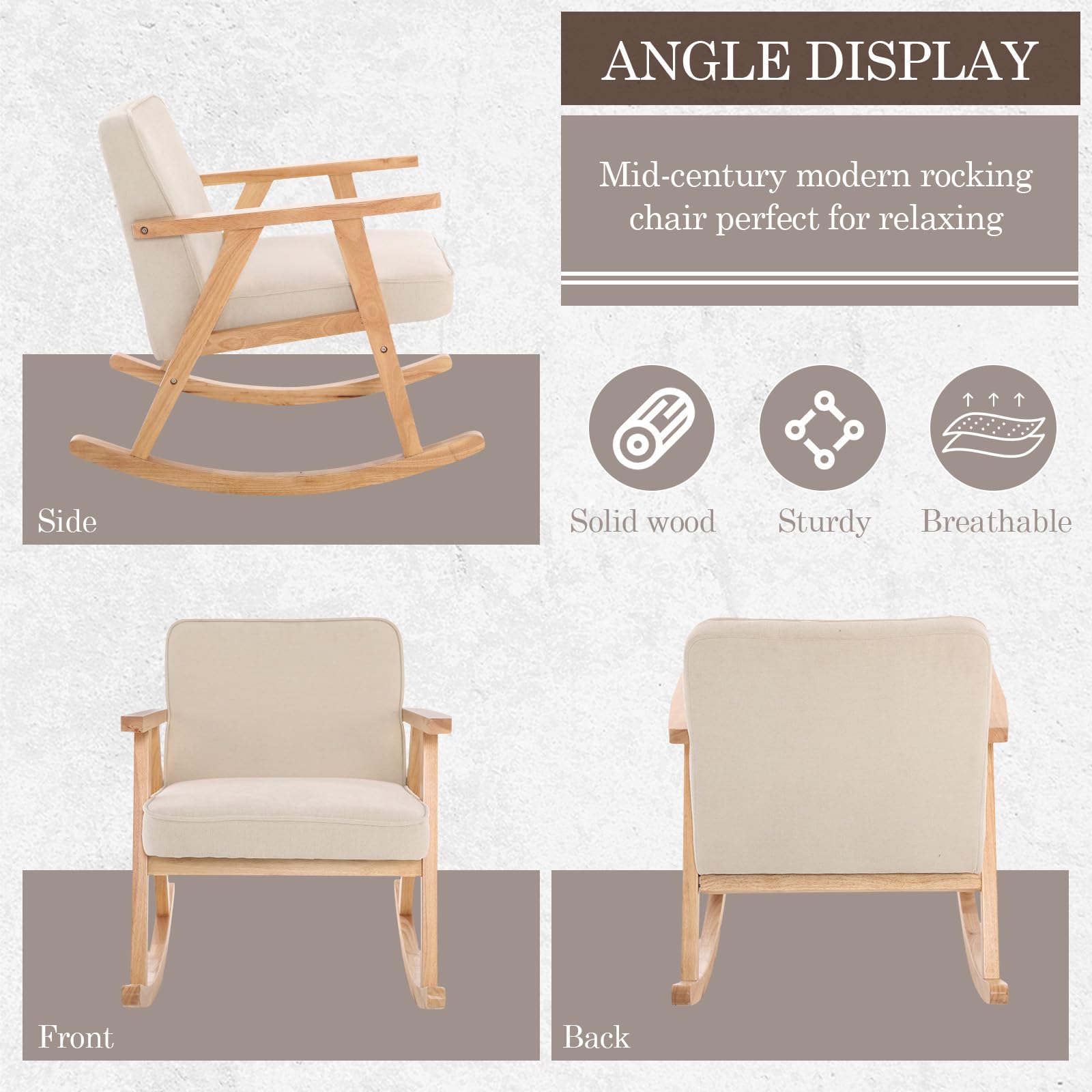 JEEOHEY Nursery Rocking Chair, Modern Upholstered Button Tufted Teddy Fabric Rocker Glider Chairs Single Sofa Armchair w/Solid Wood Legs, Side Pockets for Nursery Room, Living Room, White