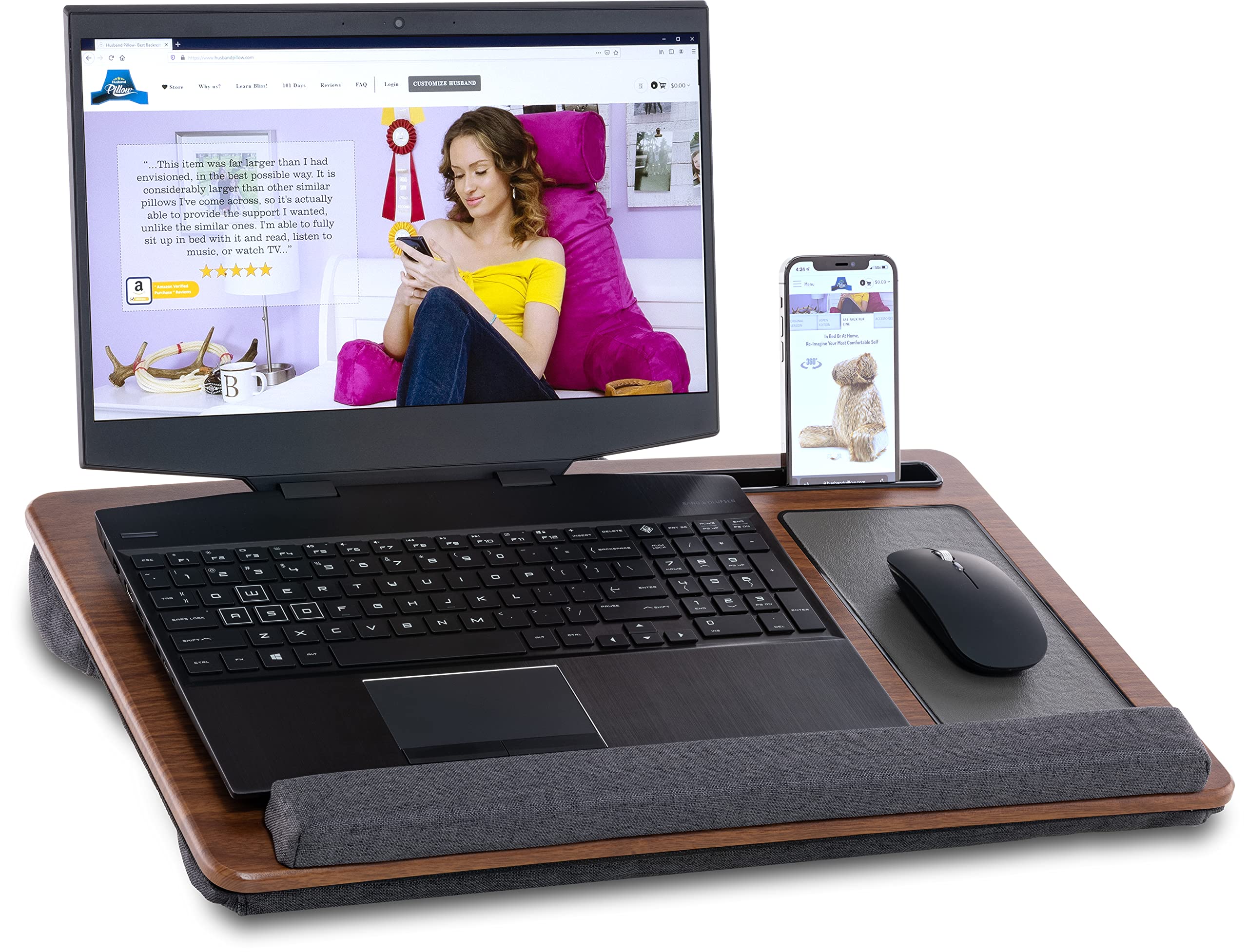 Husband Pillow Combo - Backrest Pillow with Arms : XXL Purple & Foldable Laptop Tray : Brown - Memory Foam Reading Pillows for Bed w/Removable Neck Roll & Laptop Bed Tray Table