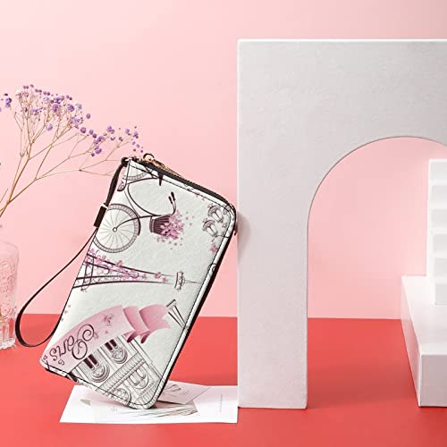 FunnyStar Romantic Travel in Paris Women's Long RFID Hand Wallet Wristlet Clutch Purse PU Leather Handbag with Wrist Strap