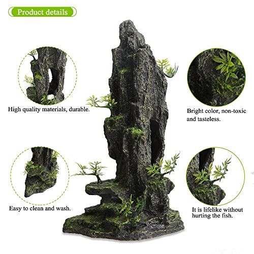 Saim Tall Mountain View Stone Aquarium Ornament Artificial Mountain Hill View Stone Rock Cave Fish Hiding Cave for Betta Fish Amano Shrimp Cichlid to Play,Hide and Rest - A