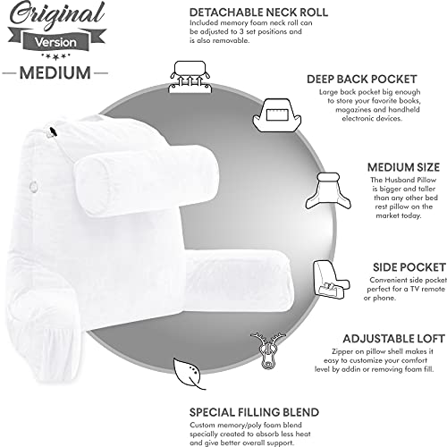 Husband Pillow Combo - Backrest Pillow with Arms : Medium White & Foldable Laptop Tray : Gray - Memory Foam Reading Pillows for Bed w/Removable Neck Roll & Laptop Bed Tray Table