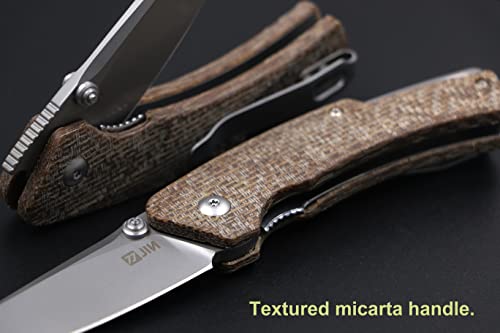 JIN D2 Folding Knife Mens Pocket Knife, EDC Knives with Liner Lock Ball Bearing Flipper Knife, Micarta Handle