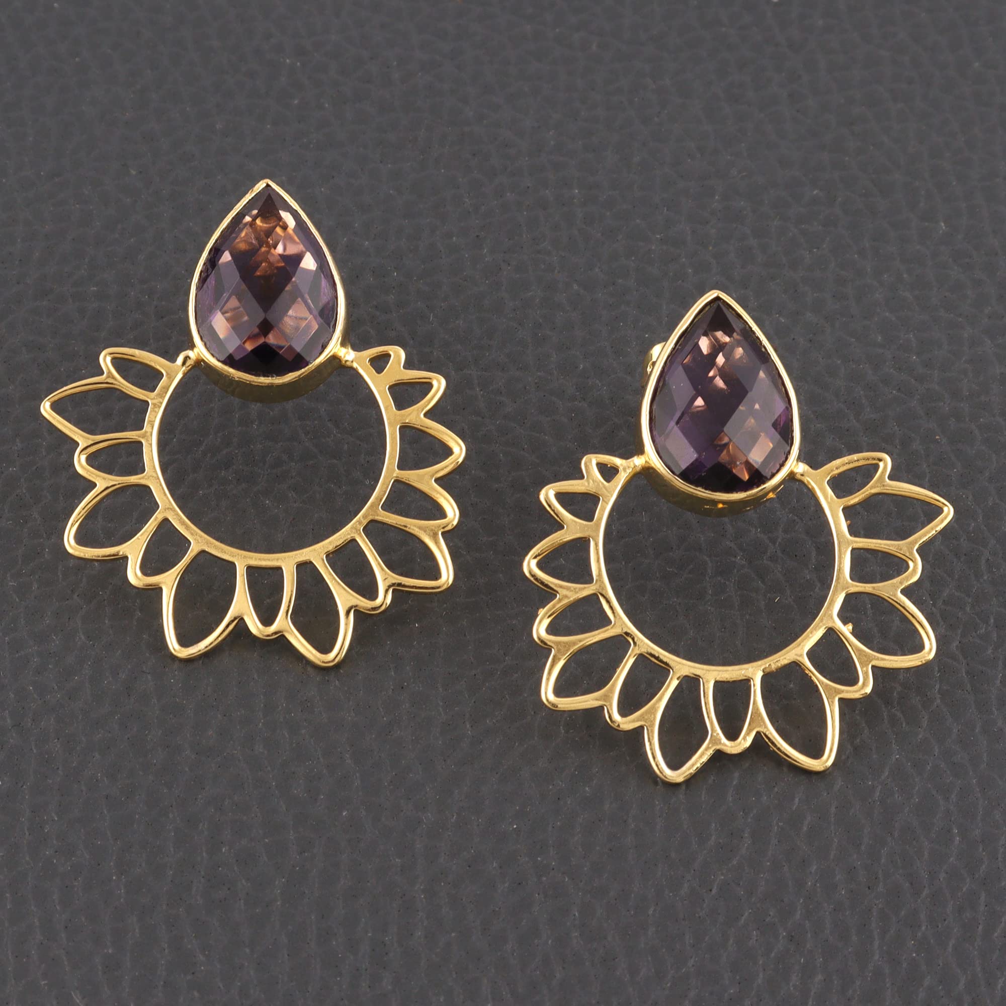 Guntaas Gems Checker Cut Purple Amethyst Quartz Brass Gold Plated Designer Flower Shape Hoop Bali Earrings Mother Day Gift