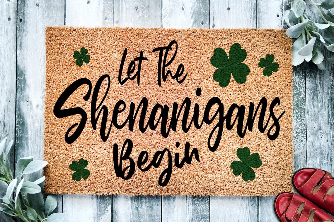 Let the Shenanigans Begin Shamrock Doormat | St. Patrick's Day Housewarming Gift Door Mat | Premium Quality, Thick 100% Coir Coconut Husk Front & Made in the USA - Doormat