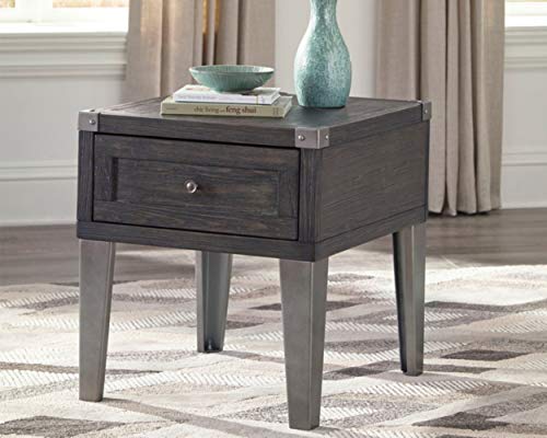 Signature Design by Ashley Todoe Industrial Square End Table with 1 Drawer, 2 Outlets and 2 USB Charging Ports, Dark Gray with Weathered Pine Finish