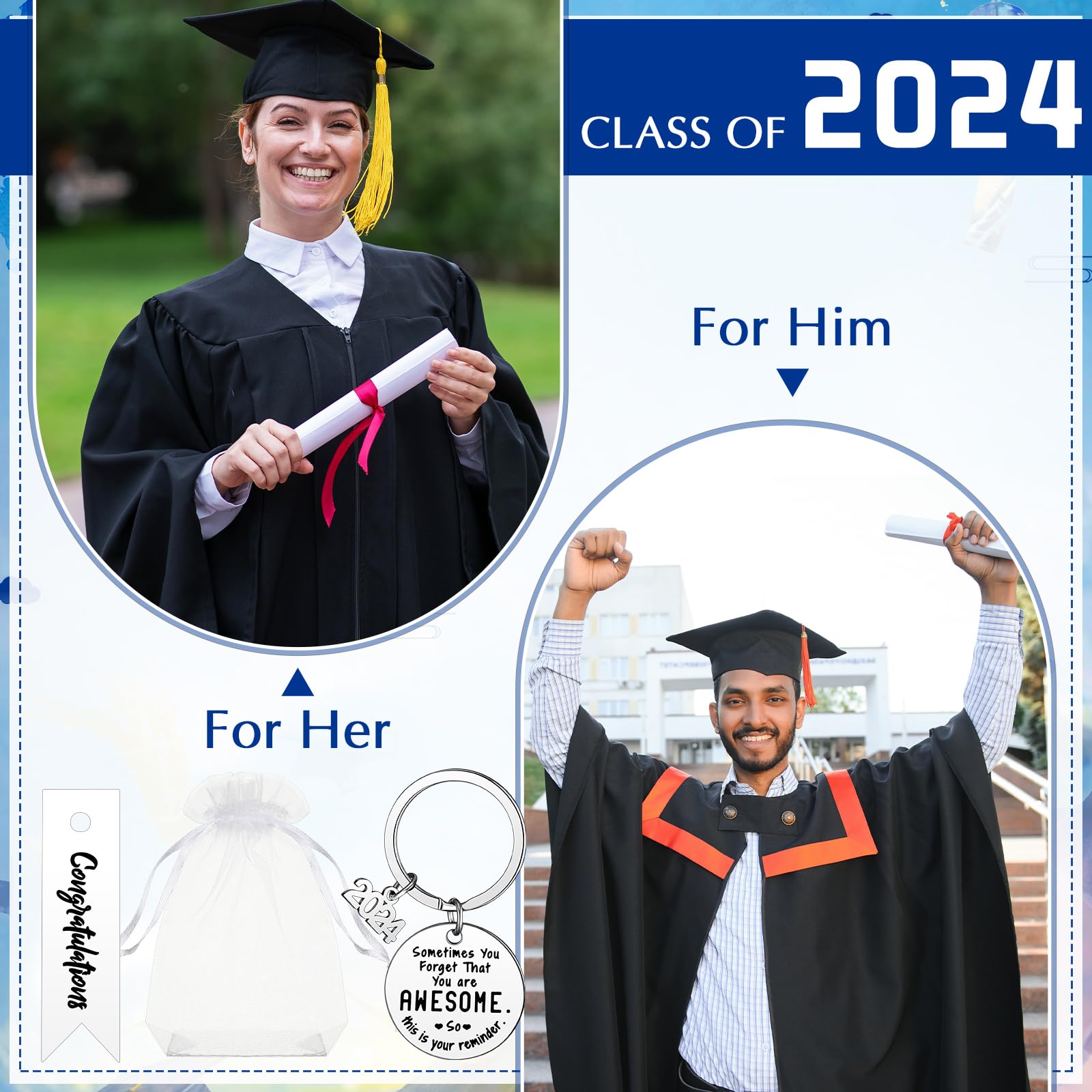 Kigeli 30 Pcs Class of 2024 Keychain Graduation Gift Keychain Bulk Inspirational Key Chain for Senior High School College (Awesome)