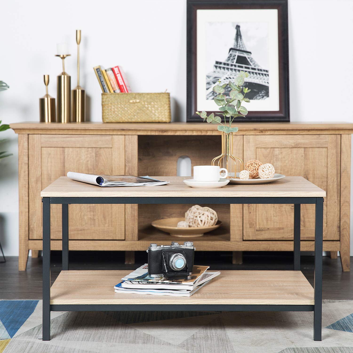 Finefind Modern Industrial Metal Rectangular Coffee Table with Storage Shelf for Living Room, 32 Inch Wood Rustic Furniture for Home Office, Charter Oak Finish