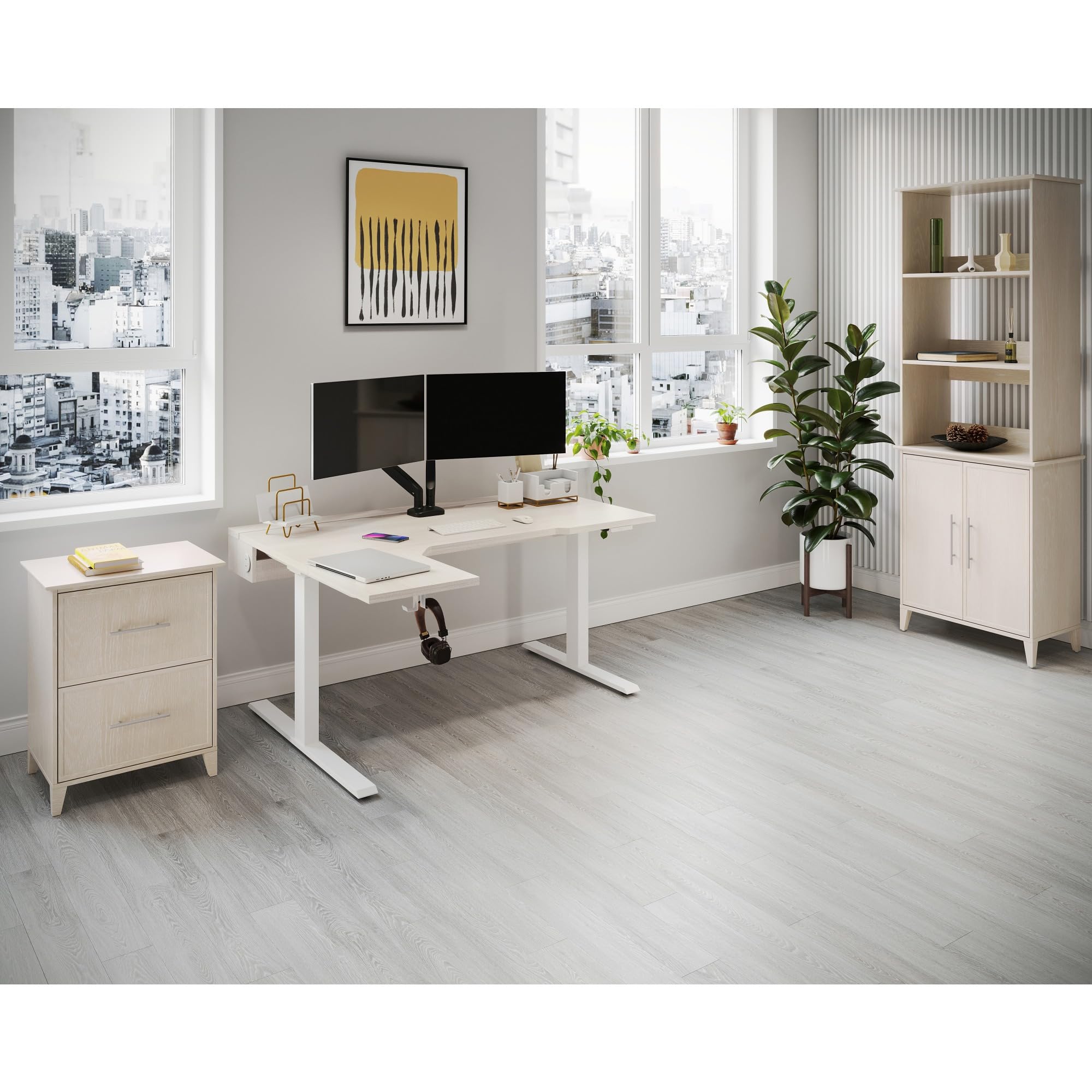 RealspaceĀ® Koru Electric 59"W L-Shaped Height-Adjustable Standing Desk with Integrated Power & Charging, Natural Oak