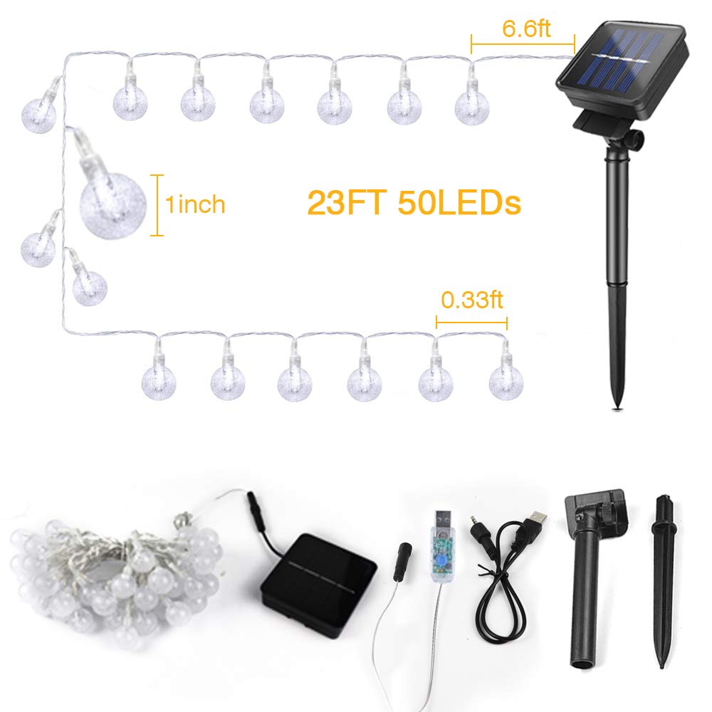 Globe Solar String Lights, Upgraded 23ft 50LED Fairy Crystal Ball Light with Solar & USB Powered, 8 Modes Waterproof String Lights for Garden Wedding Party Outdoor/Indoor Decoration (Cool White)