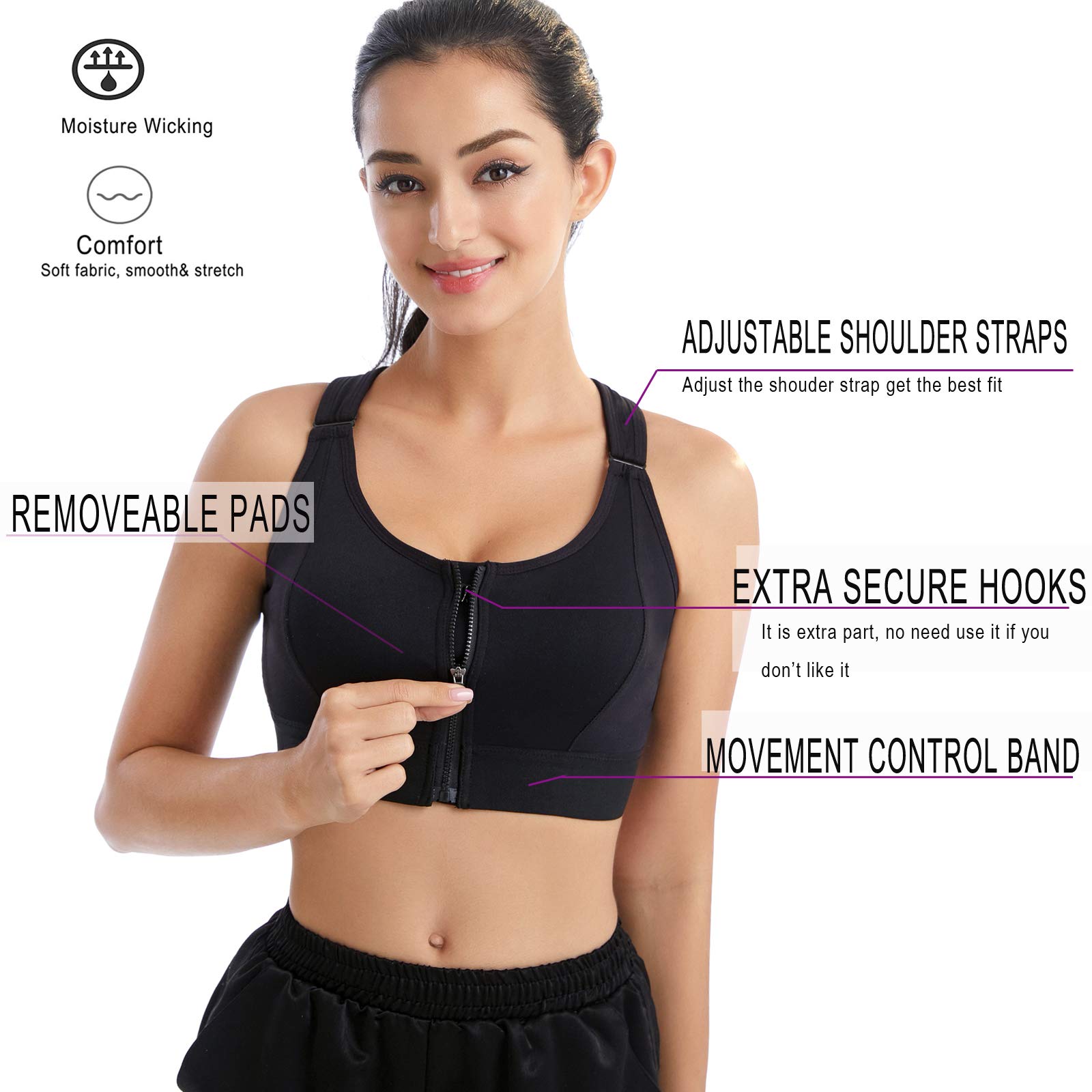 High Support Sports Bras for Women Zip Front Closure Post Surgery Compression Bra 4XL Black
