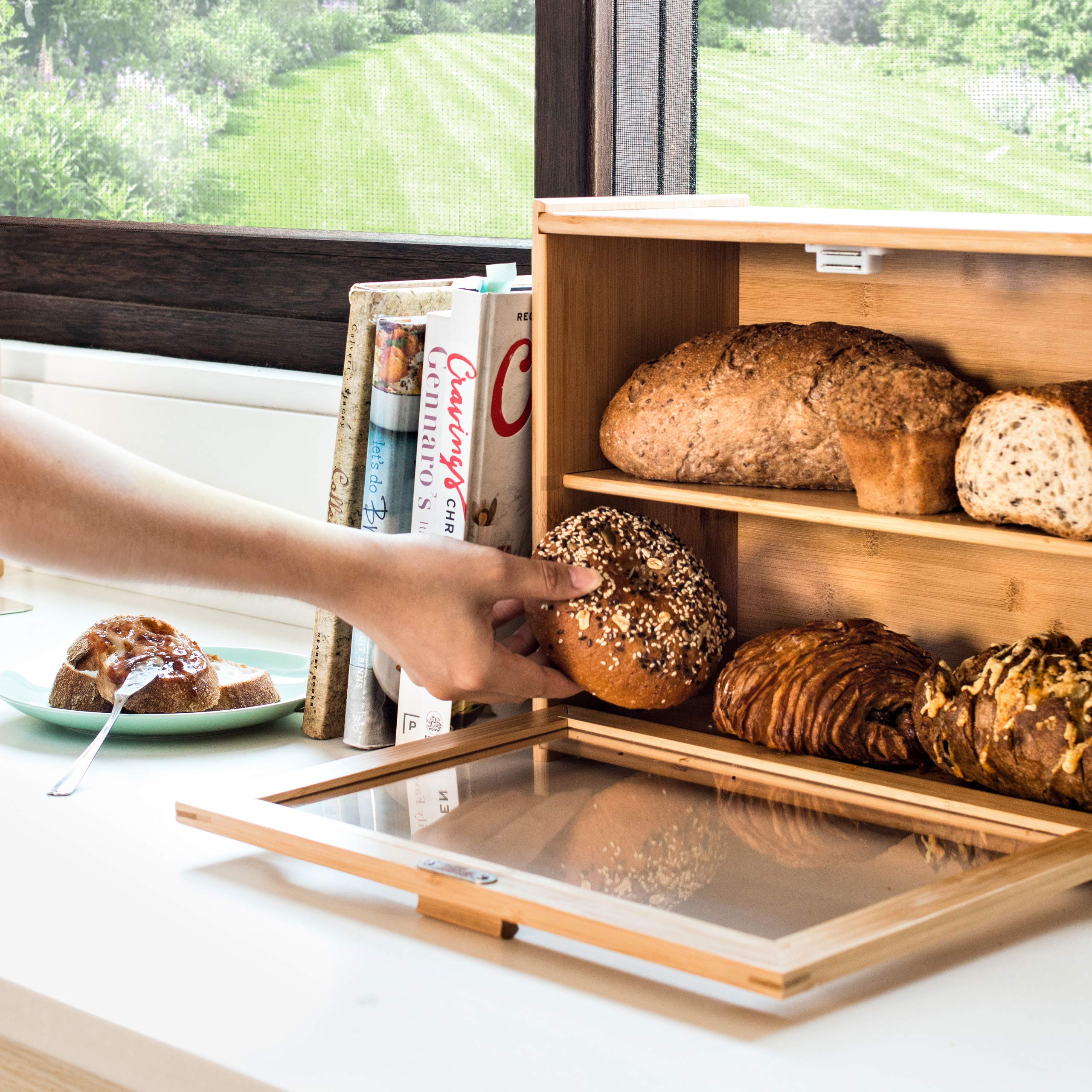 Laura's Green Kitchen Large Bread Box with Clear Front Window - Bamboo Wood - Farmhouse Style - Double Layer Storage Bin Holds 2 Loaves - Fully Assembled