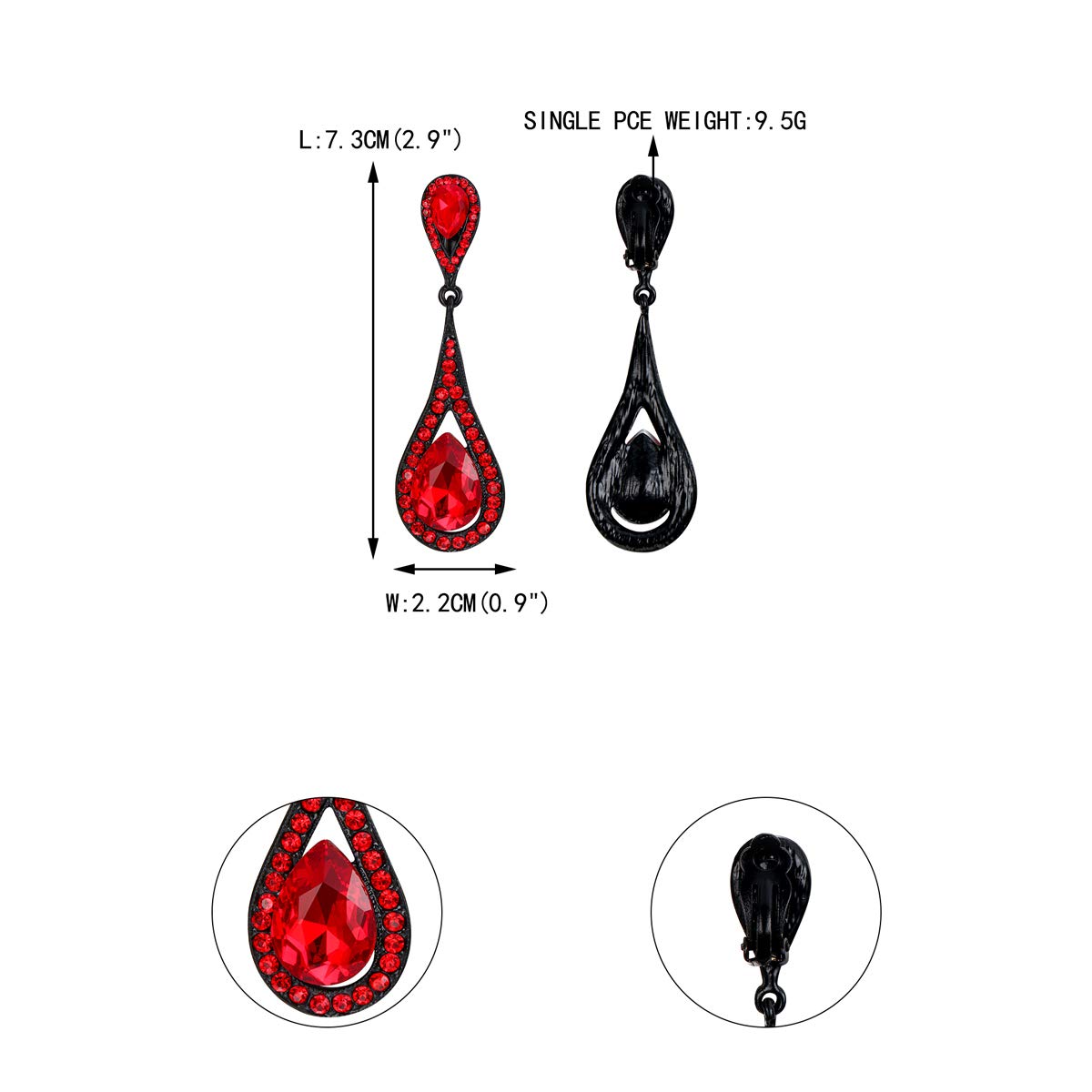 EVER FAITH Women's Austrian Crystal Elegant Dual Tear Drop Clip-on Dangle Earrings Red Black-Tone