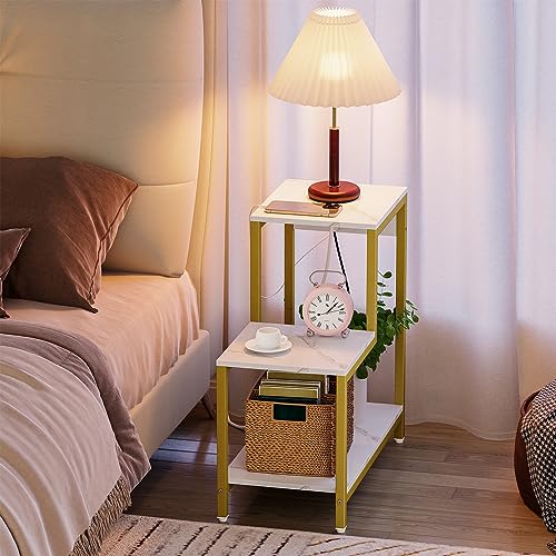 Snughome End Table with Charging Station, Narrow Side Table, 3 Tier Modern Nightstand with USB Ports and Outlet, Sofa Beside Table for Living Room, Bedroom,White and Gold