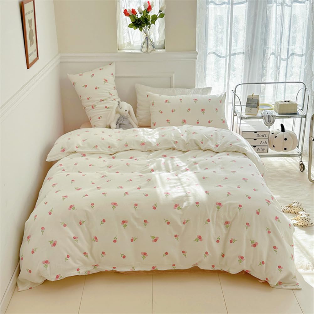 Nayoroom Pink Floral Duvet Cover Queen Size Kids Girls Cute Tulip Printed on White Comforter Cover 3Pcs Soft Breathable Microfiber Kawaii Cottagecore Bedding Set with Zipper Closure