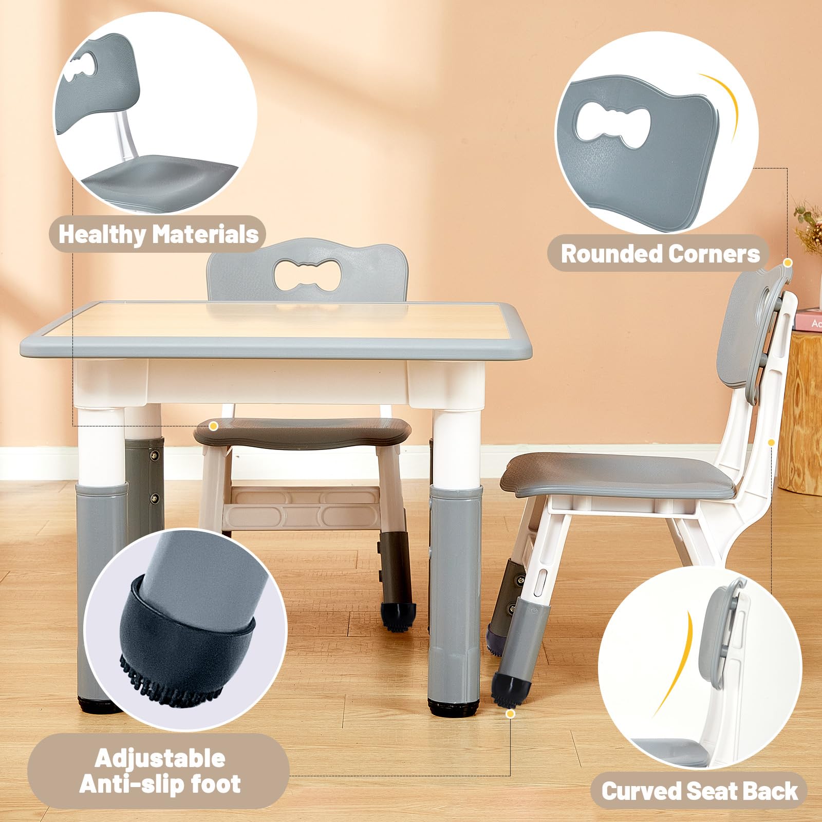 FUNLIO Kids Table and 2 Chairs Set for Ages 3-8, Height Adjustable Toddler Table and Chair Set, Easy to Wipe Arts & Crafts Table, for Classrooms/Daycares/Homes, CPC & CE Approved (3pcs Set) β Grey