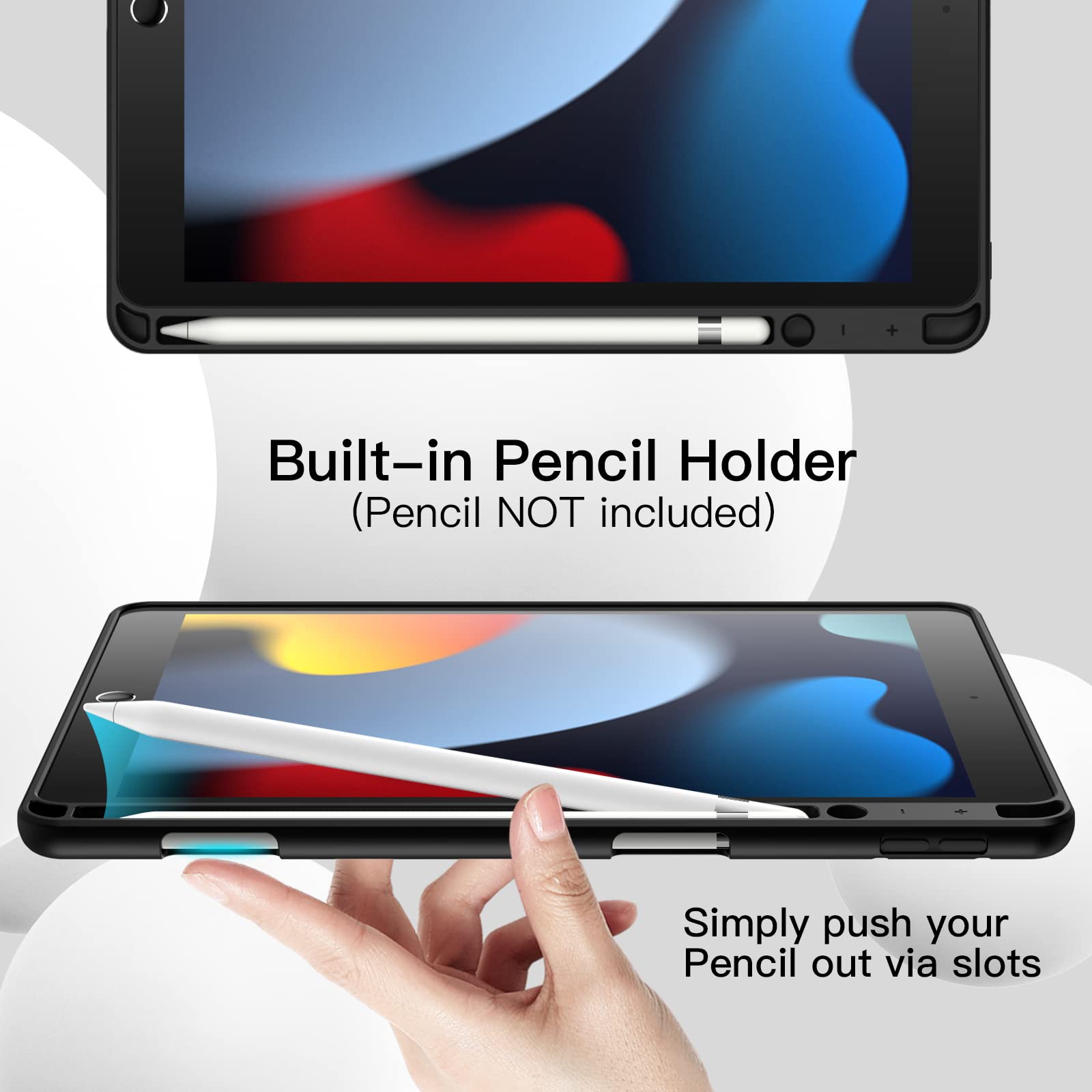 JETech Case for iPad 10.2 Inch 2021/2020/2019 (9th/8th/7th) Model with Pencil Holder, Slim Tablet Cover with Soft TPU Back, Auto Wake/Sleep (Black)