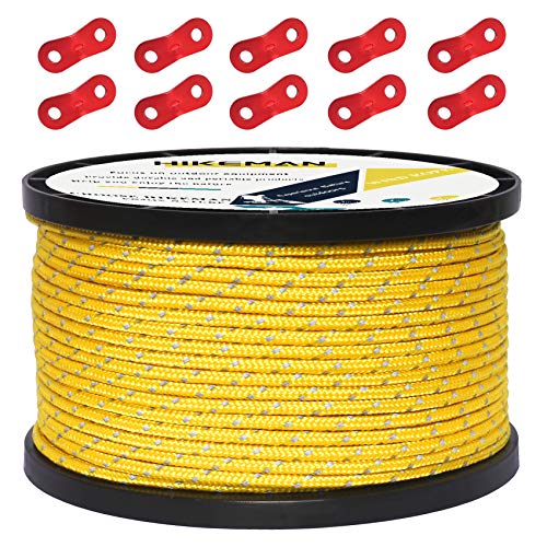 HIKEMAN 50m Reflective Guyline Solid Braid Nylon Camping Rope with Aluminum Adjuster Cord Tensioner Tent Accessory for Outdoor Travel,Hiking,Backpacking and Water Activities (Yellow, 5mm)