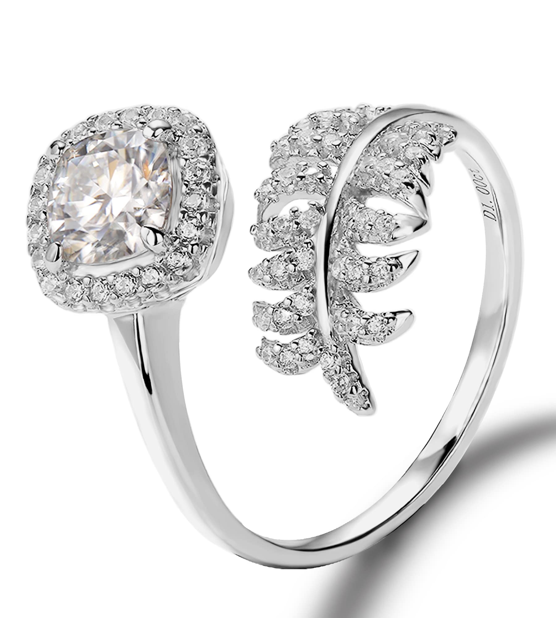HOLYCOME Engagement Ring Moissanite Diamond Ring, Open Adjustable Simulated Diamond Silver Ring for Women,18K White Gold Plated Moissanite Ring for Engagement, Anniversary, Wedding