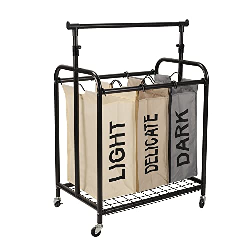 Oceanstar 3-Bag Rolling Laundry Sorter with Adjustable Hanging Bar, Color