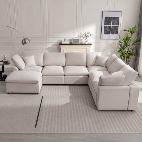 Siiejia Modular Sectional Sofa Modern Oversized Cloud Couch with Movable Ottoman 7 Seater L-Shaped Sofas Comfy Couches for Living Room Spacious Space Office Lounge, Beige