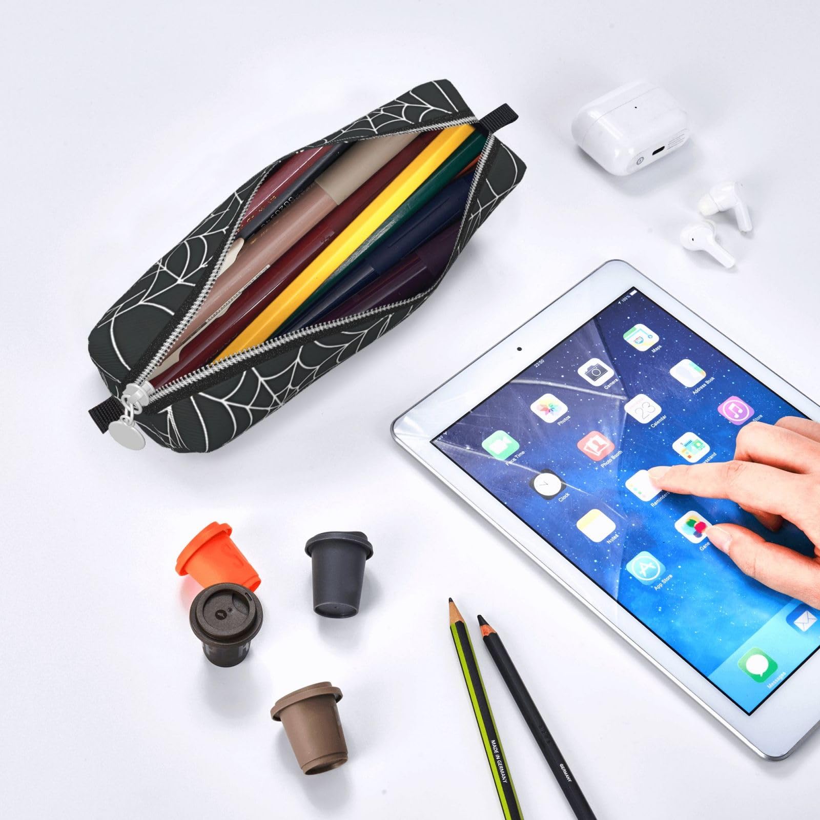 QLIEERE Halloween Spider Black And White Spiderweb Pencil Case Pouch Pen Holder Leather Pencil Bags Box Organizer Zipper Cosmetic Makeup Storage Bag