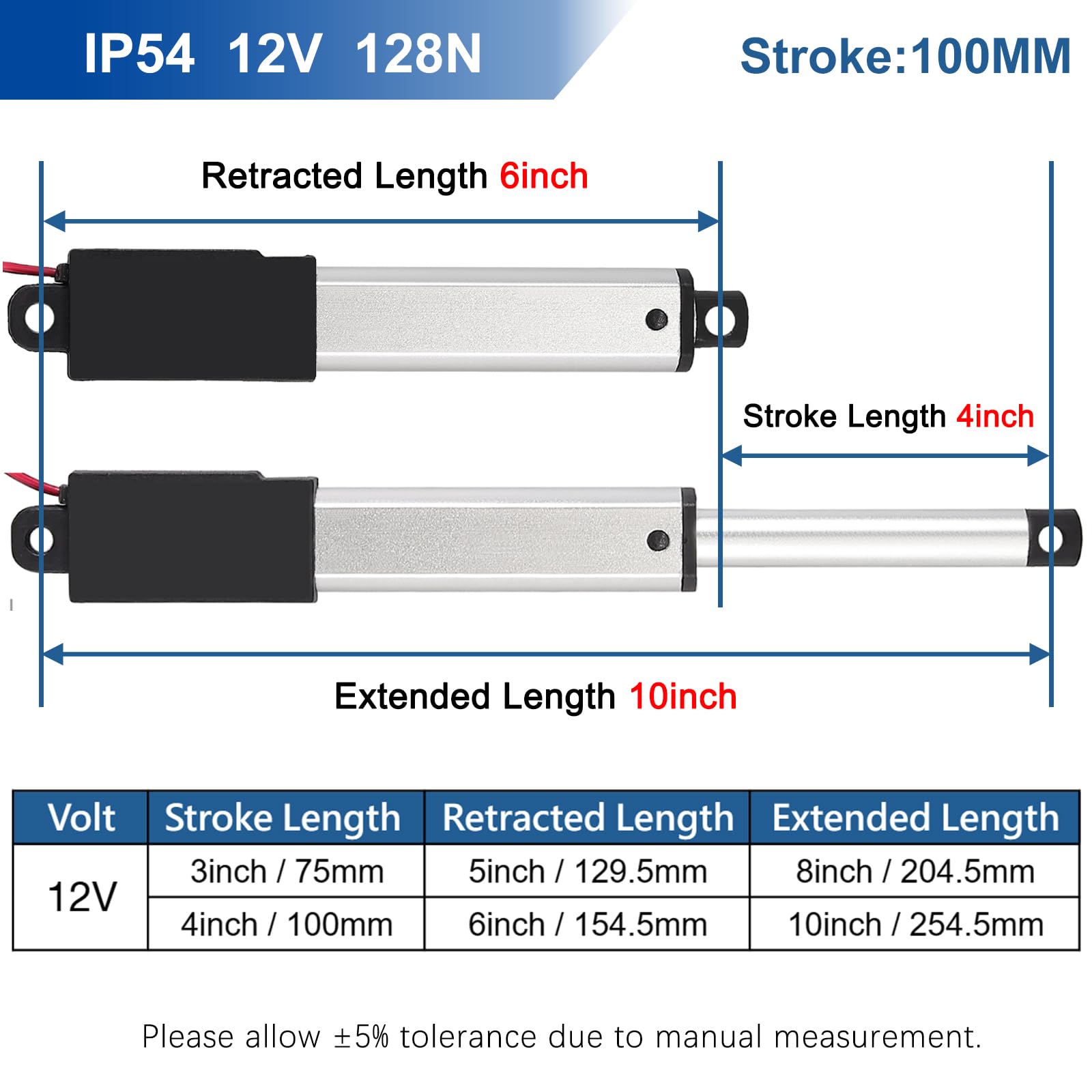 JQDML 4 Inch 4" Stroke Micro Linear Actuator 12V 128N/28.8lbs Speed 0.28"/sec with Mounting Brackets for Cabinets, Robotics, Home Automation and Toys