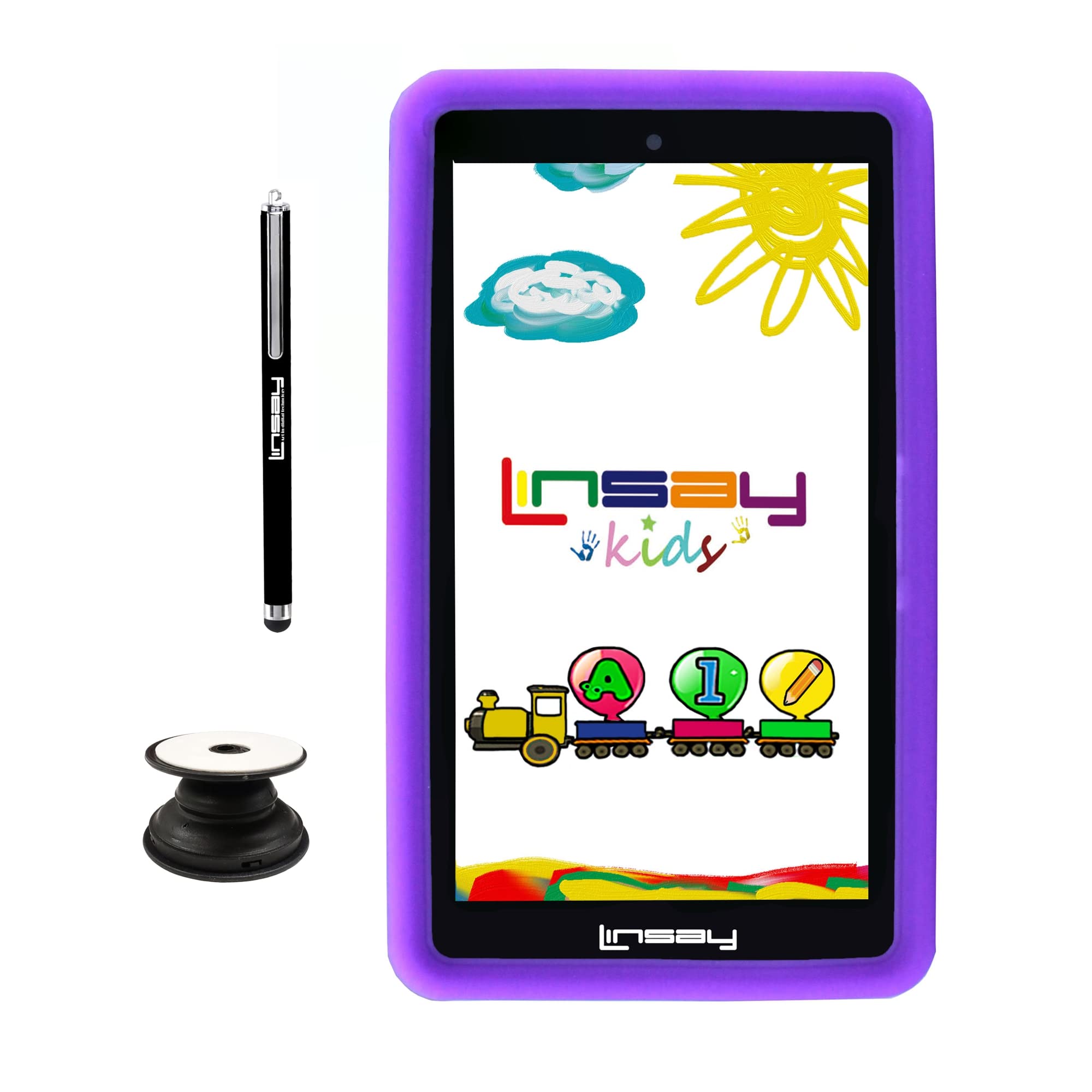LINSAY 7" 2GB RAM 32GB Storage Android 12 Tablet with Purple Kids Defender Case, Pop Holder and Pen Stylus