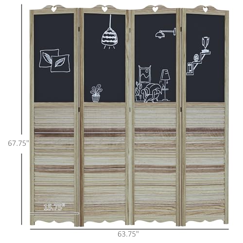 HOMCOM 4-Panel Folding Room Divider with Blackboard, 5.5 Ft Tall Freestanding Privacy Screen Panels for Bedroom or Office, White