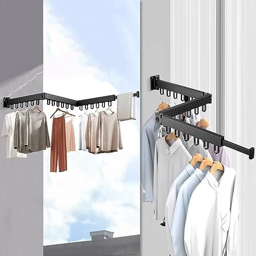 SOCONT Clothes Drying Rack,Black Wall Mounted Clothes Hanger Rack Expandable, Space Saving, Used in Balcony, Laundry Room, Bathroom.