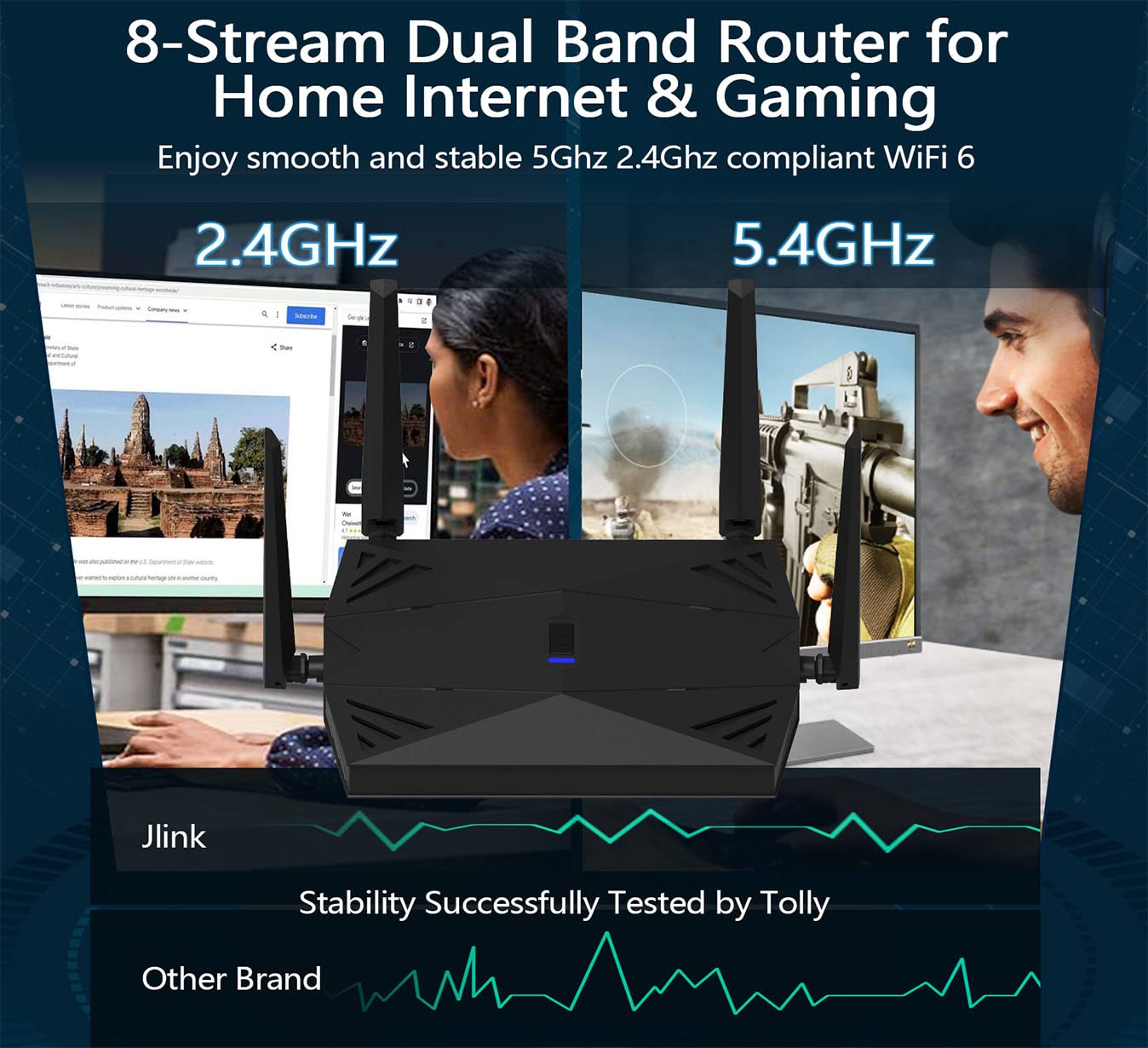 Jlink WiFi 6 Router - 5Ghz 1.8 Gbps Wireless Router AX1800 Smart WiFi Router, 8-Stream 8K Computer Router for Home Internet & Gaming, Dual Band Gigabit Router Up to 1700 sq. ft, TWT, WPA3, 128 devices