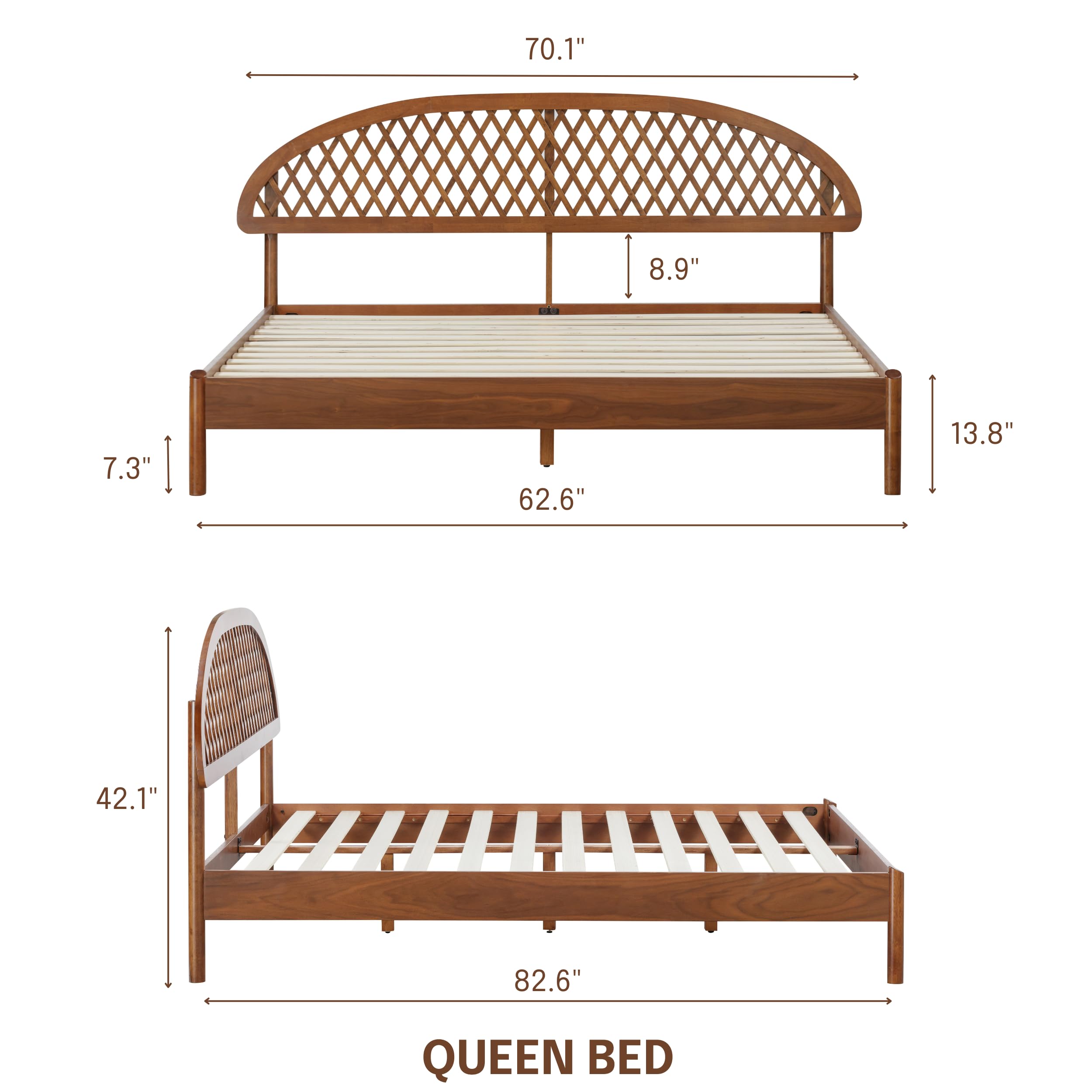 NTC Gem Wooden Bed Frame with Headboard and Natural Rattan, Solid Oak Foundation with Silent Slats, 1000 Lb Capacity, Effortless Assembly, King - Burnt Black